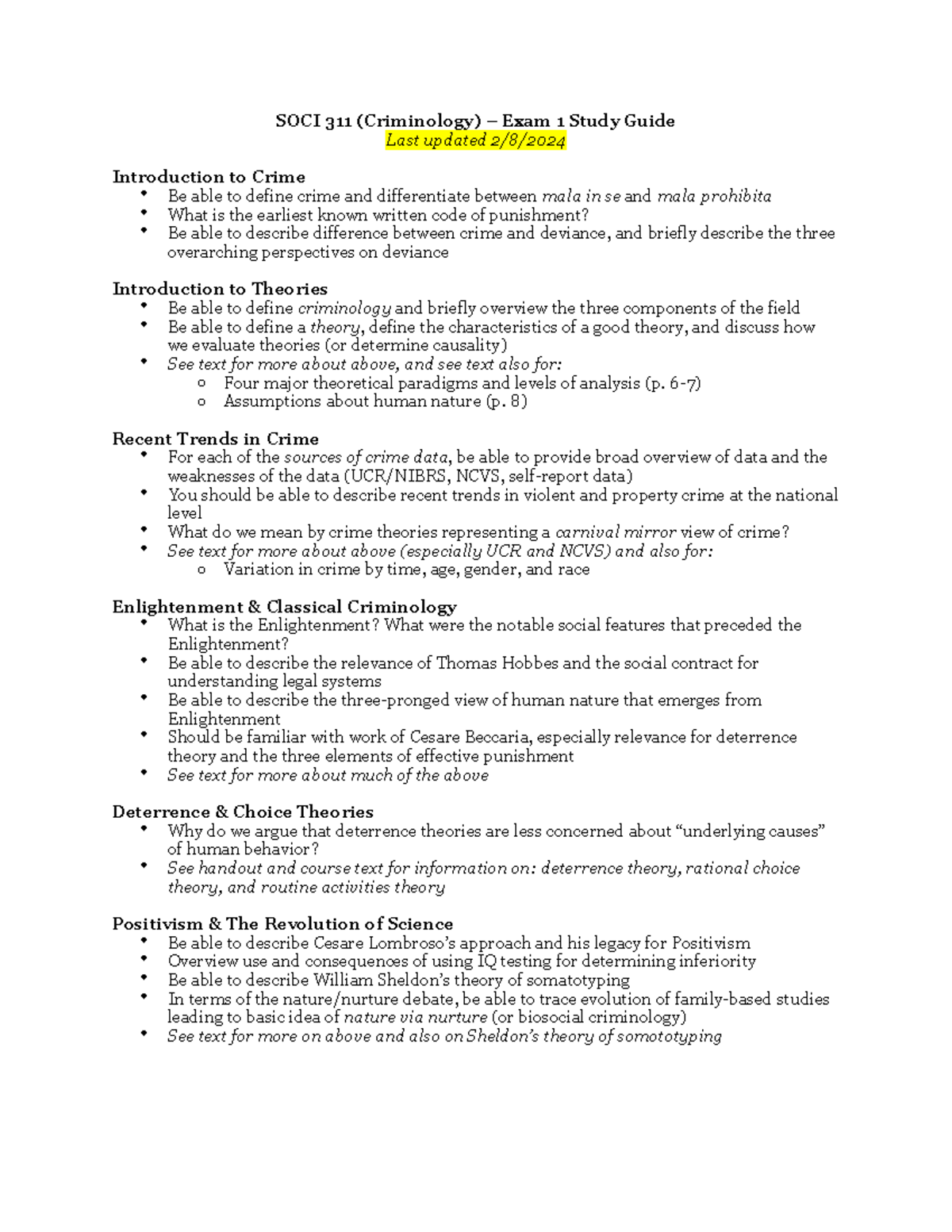 SOCI 311 exam 1 study guide - SOCI 311 (Criminology) – Exam 1 Study ...