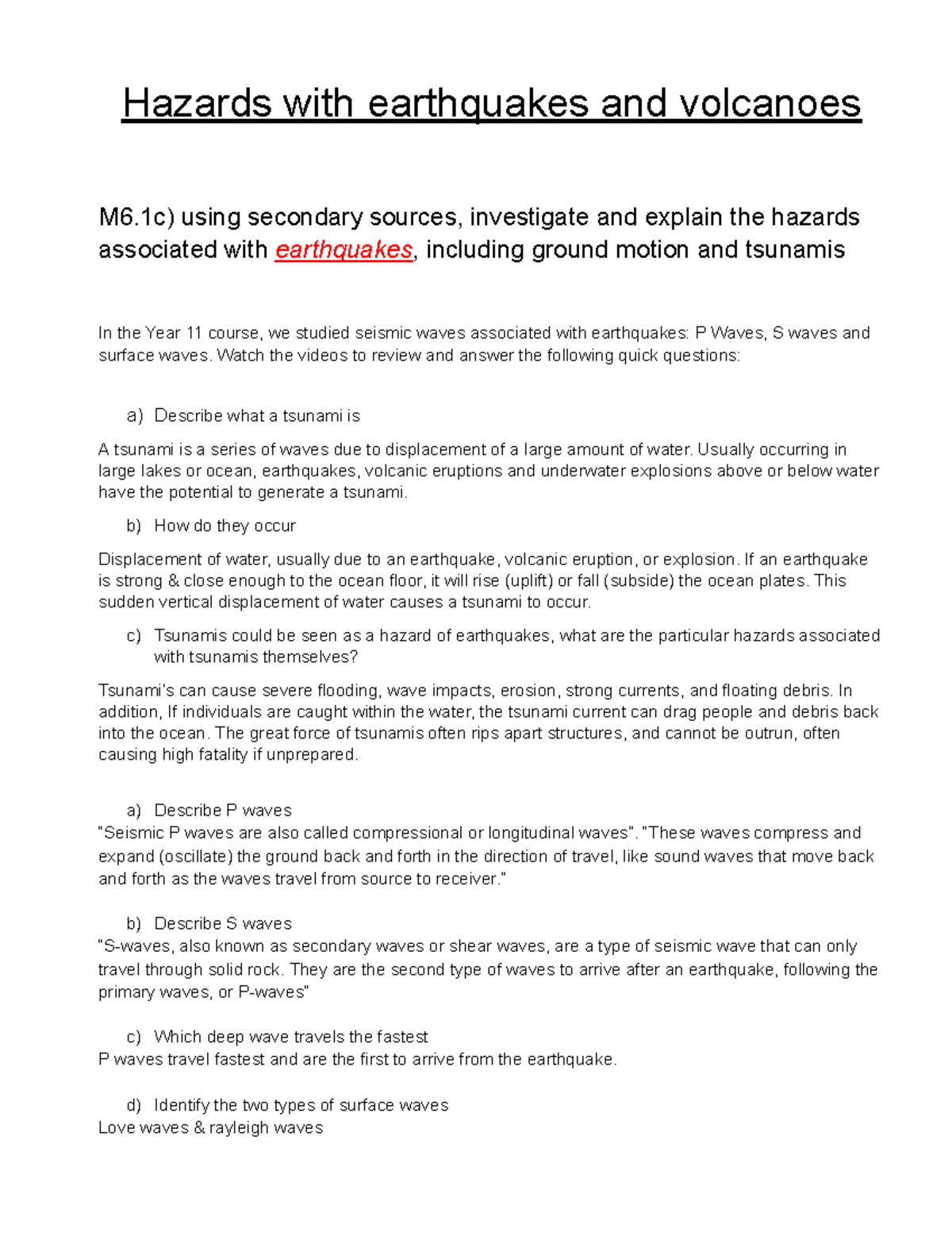 M6 1c + d worksheet - Hazards with earthquakes and volcanoes M6.1c ...