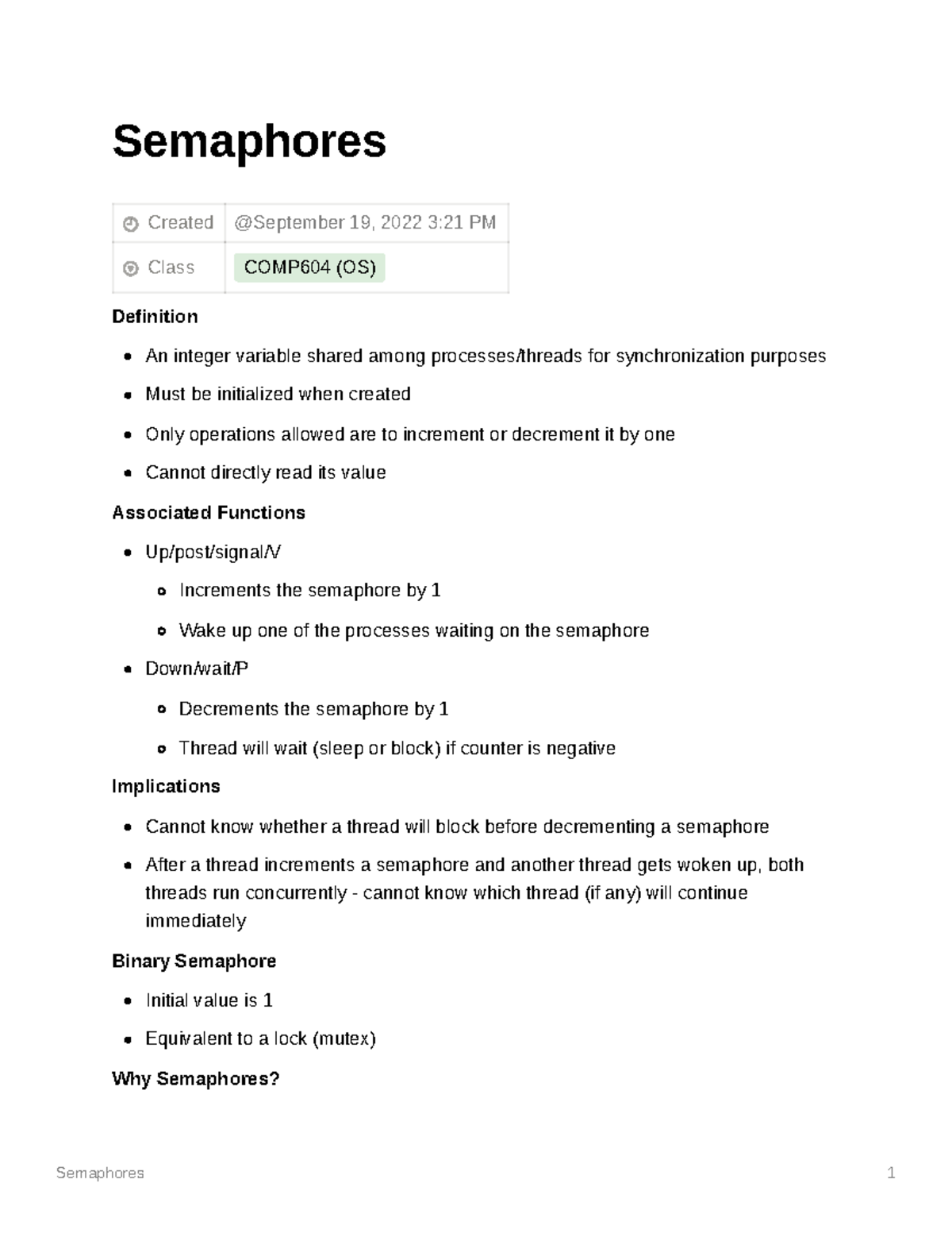 Semaphores Lecture Notes Semaphores 1 Semaphores Created Class Comp604 Os Definition An