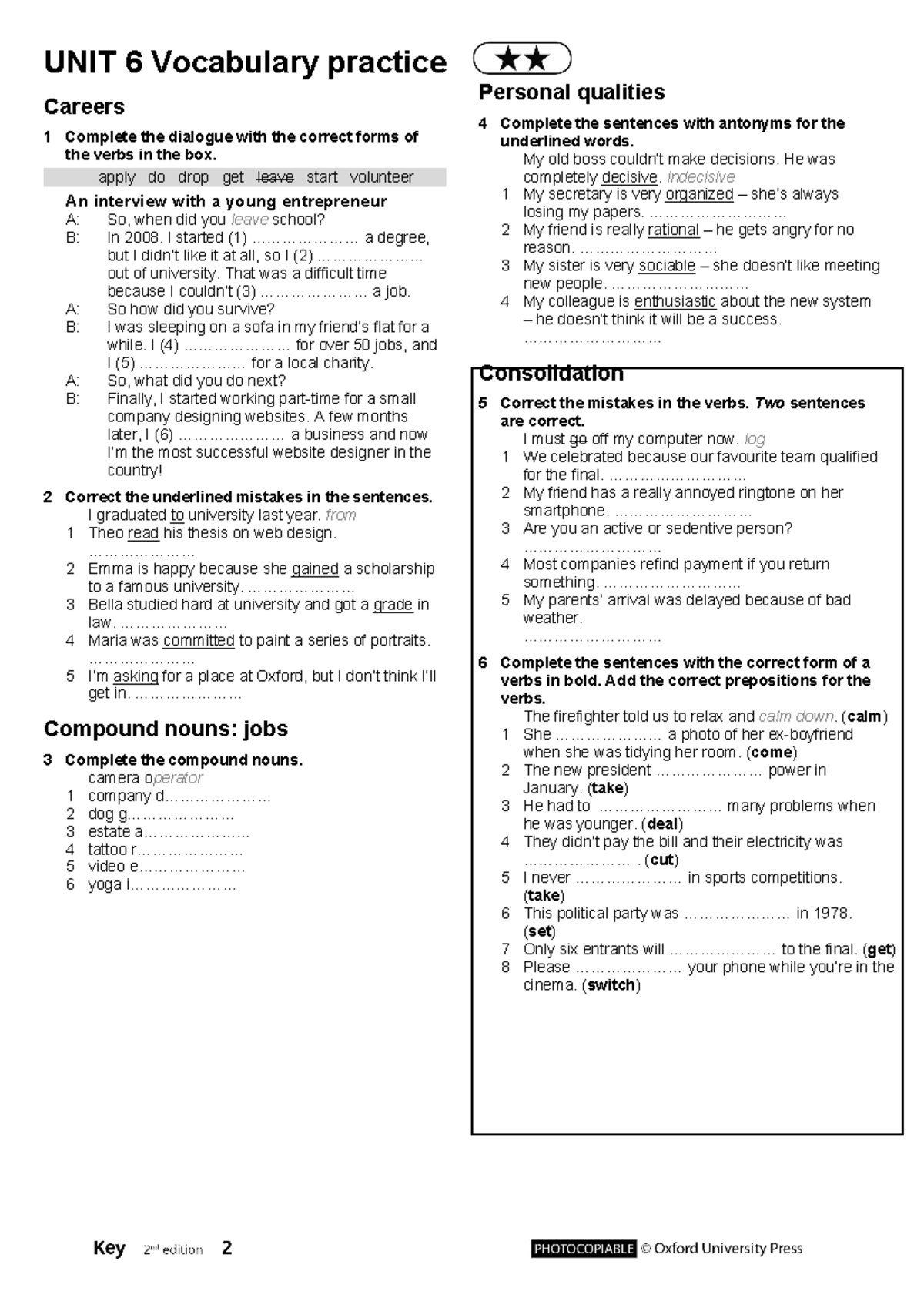 Key2e L2 worksheets vocabulary unit 6 2star - UNIT 6 Vocabulary ...