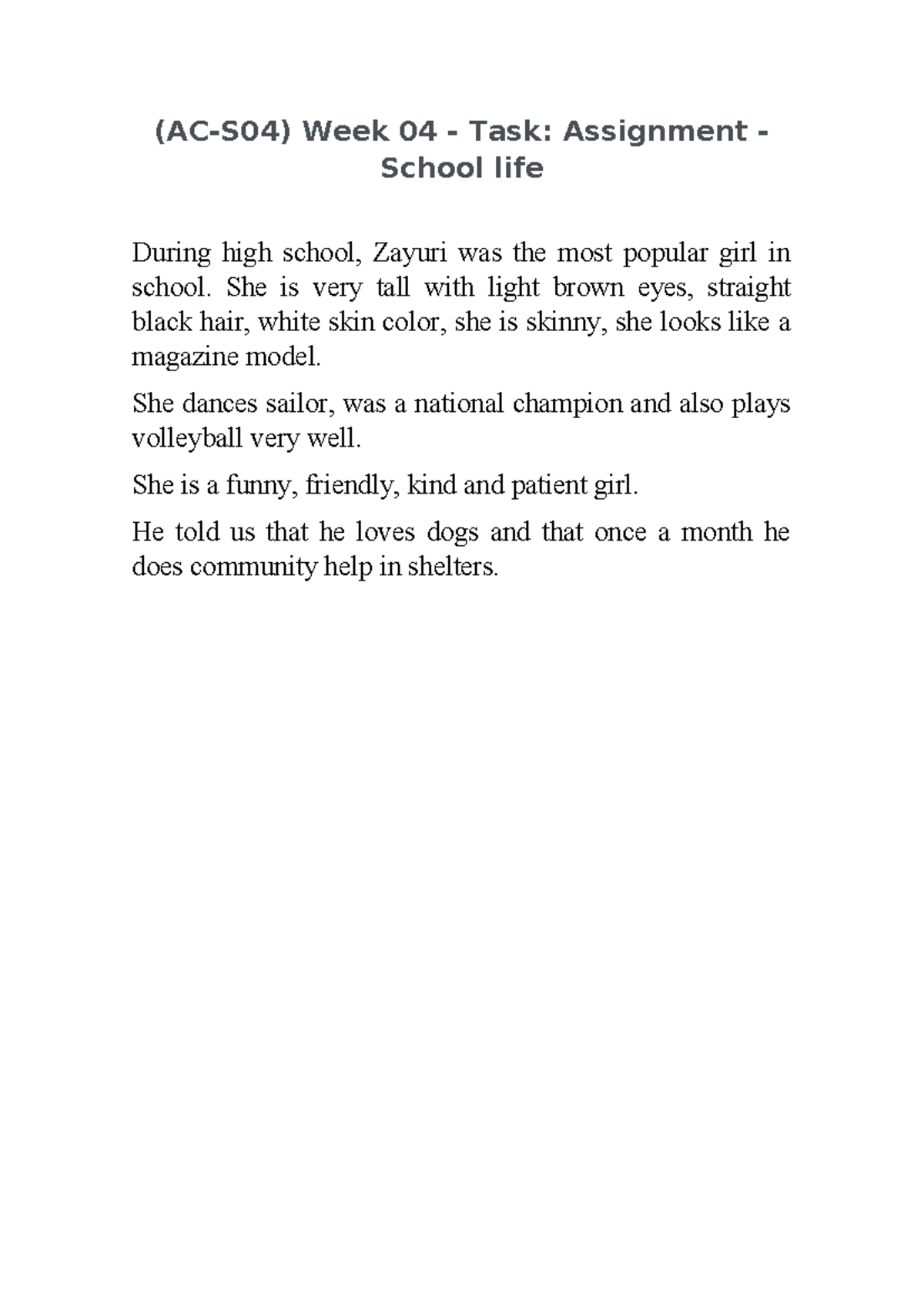 ACS4 - Inglés 3 - (AC-S04) Week 04 - Task: Assignment - School life During high school, Zayuri ...