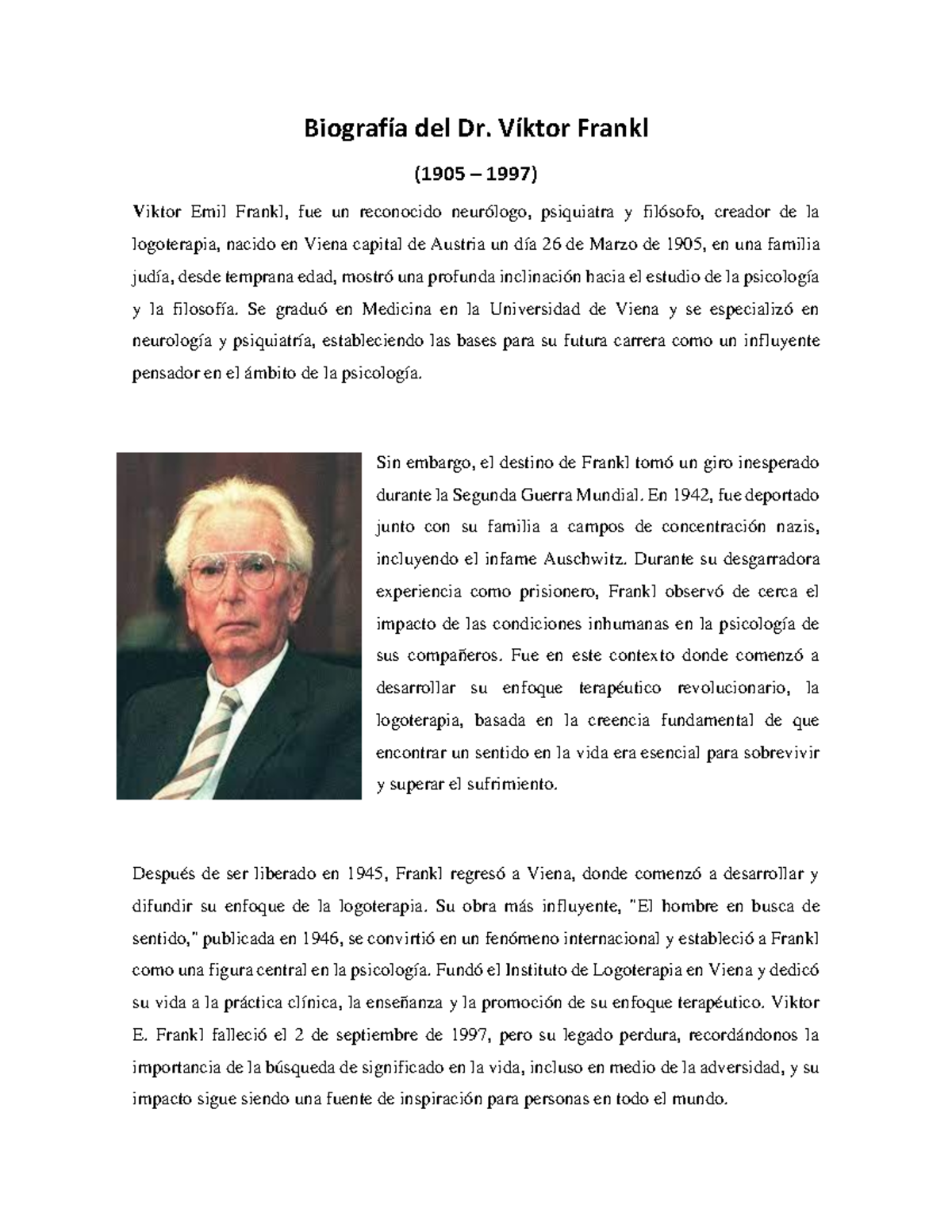 Biografía del Dr frank - Biografía del Dr. Víktor Frankl (1905 – 1997 ...