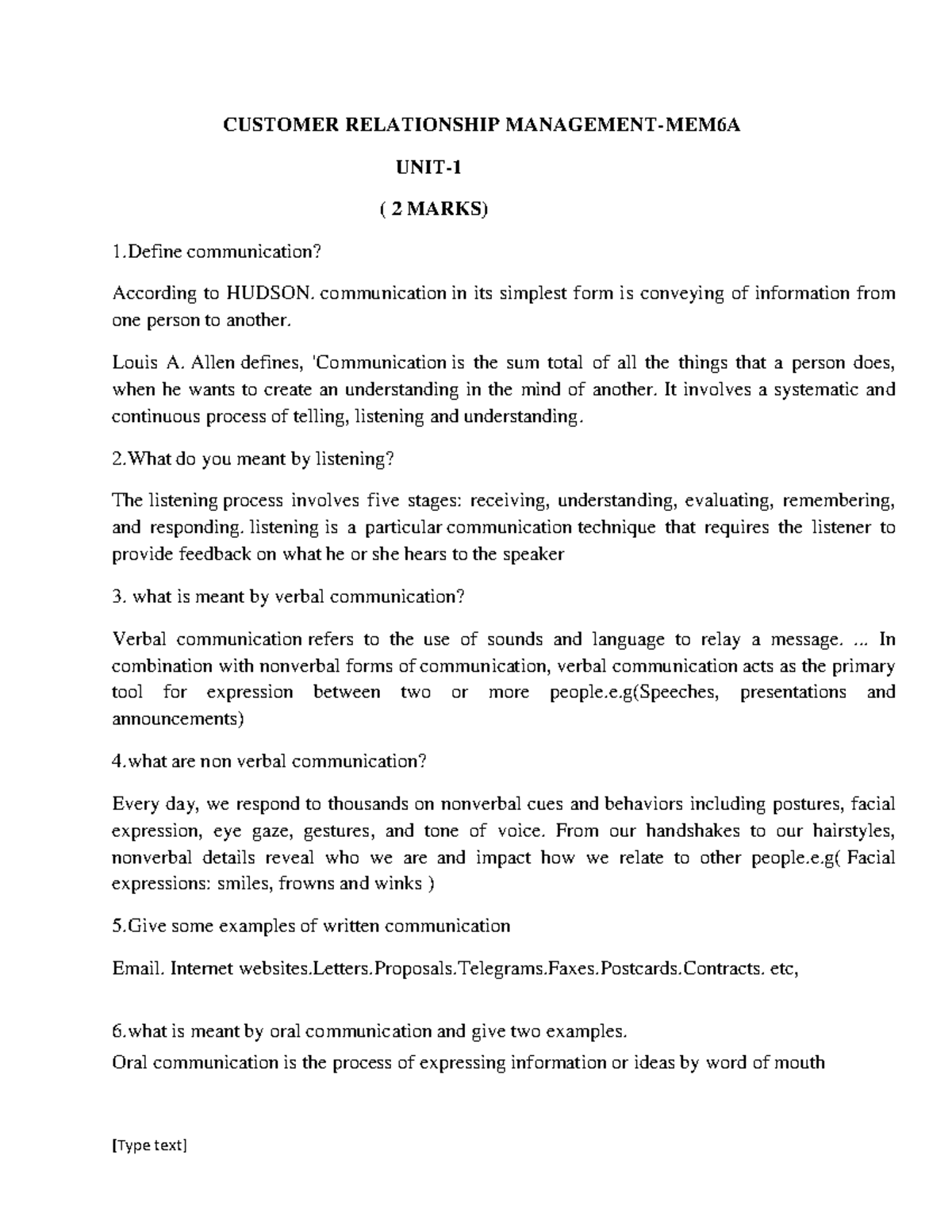 Customer Relationship Management 2 marks Question With answer ...