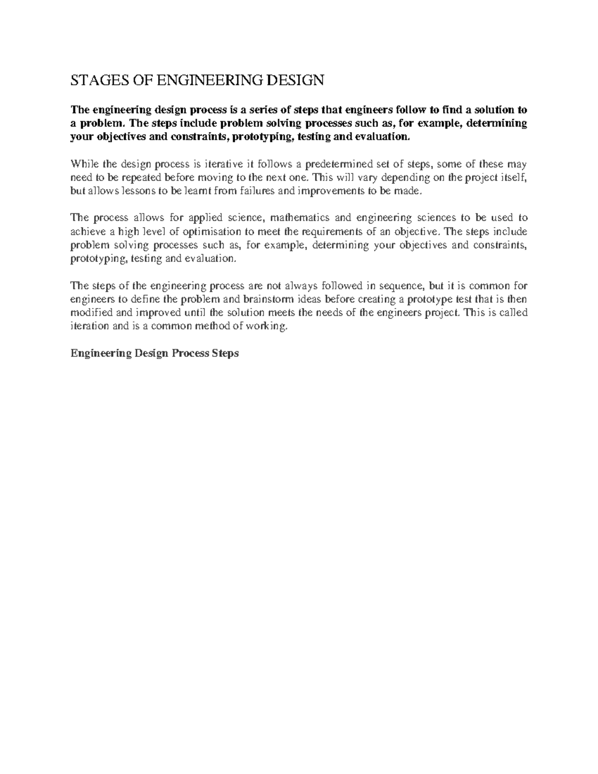 Stages OF Engineering Design - STAGES OF ENGINEERING DESIGN The ...