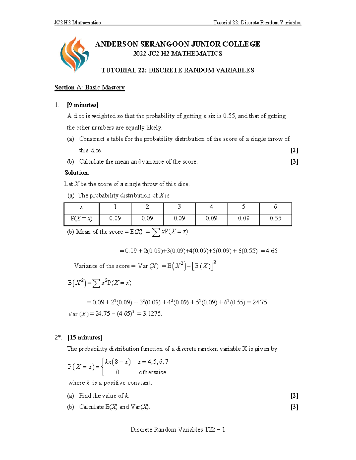 2022 T22 Discrete Random Variables Sol (Section A,C and D) - ANDERSON ...