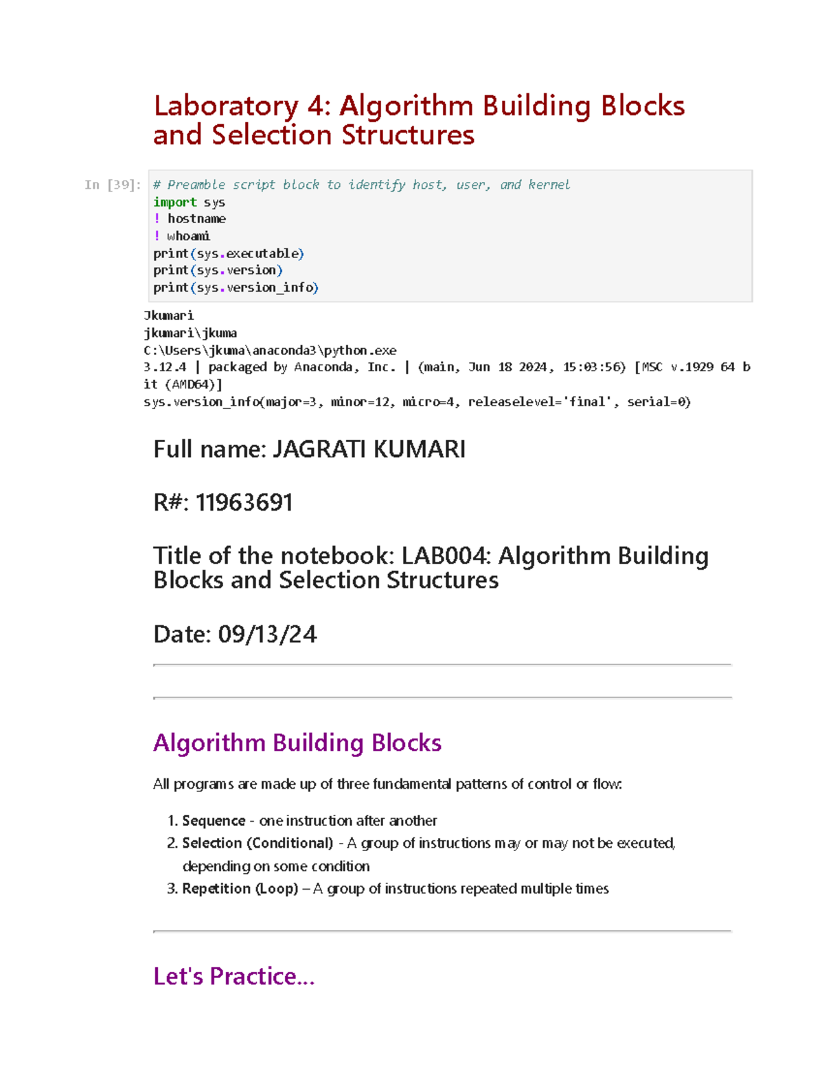 Lab004 1i 4 Jupyter Lab Laboratory 4 Algorithm Building Blocks And Selection