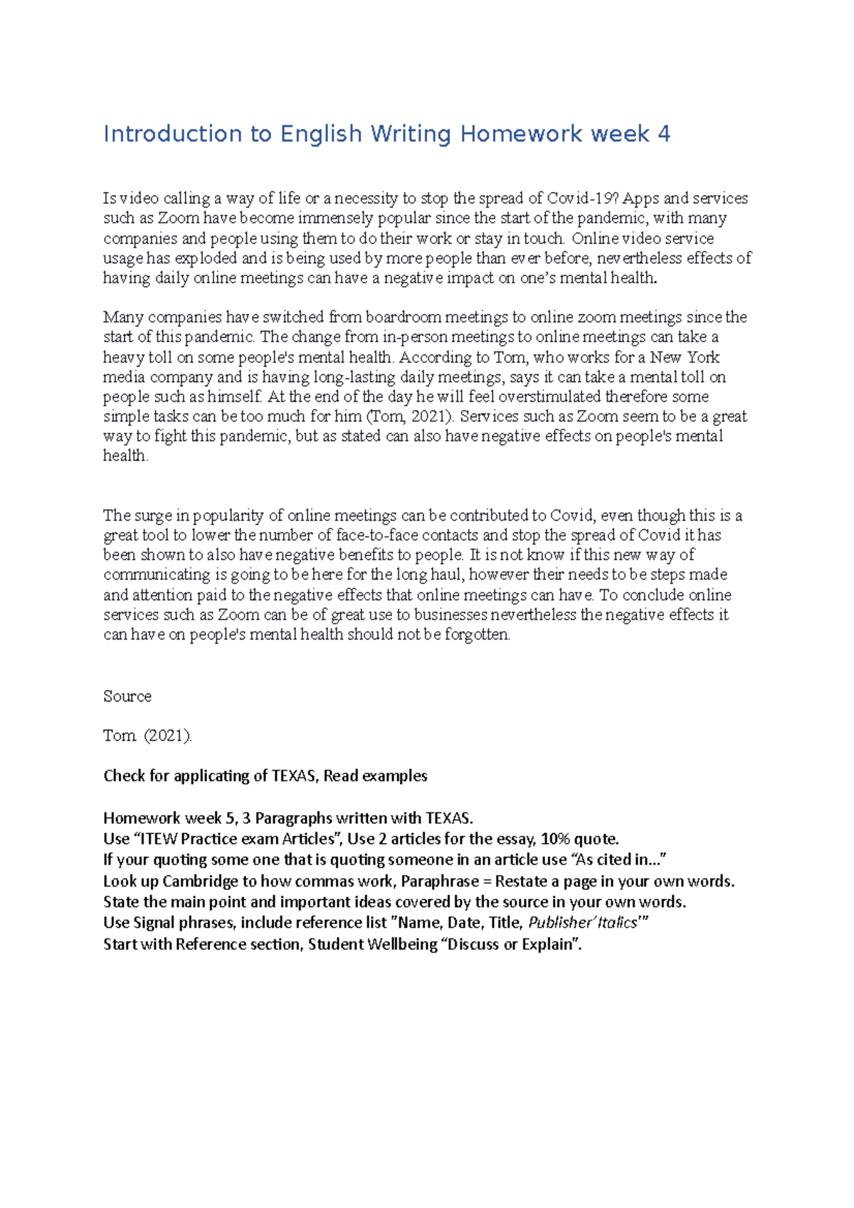 EW Homework Week 4 - Introduction to English Writing Homework week 4 Is ...