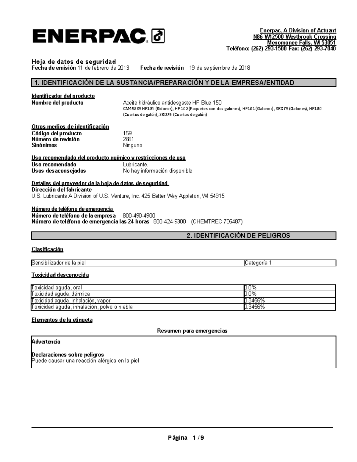 01. Aceite Hidraulico Antidesgaste HF BLUE 150 - Enerpac, A Division of ...
