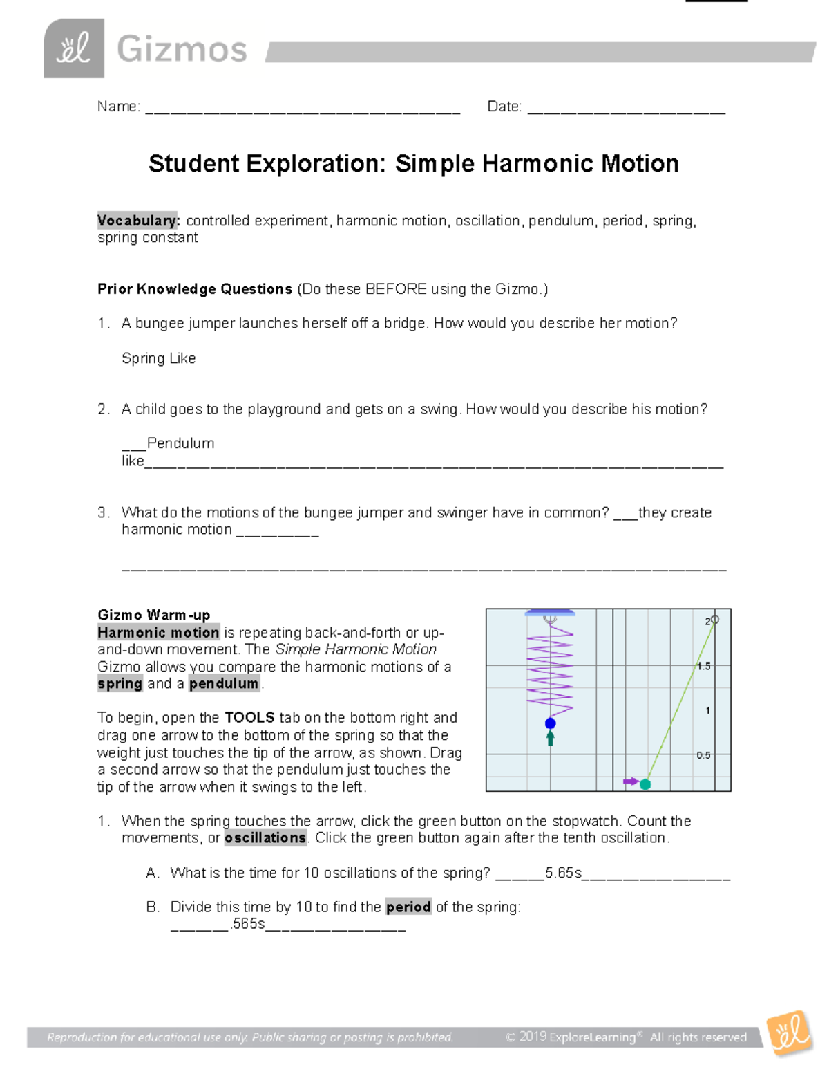 Simple Harmonic Motion SE - Name: ______________________________________ Date: - Studocu