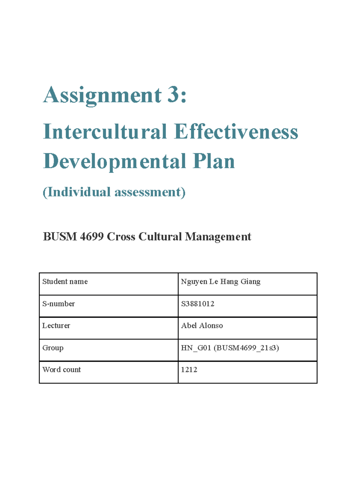 CCM Asm3 - Nguyen Le Hang Giang 3881012 - Assignment 3: Intercultural ...