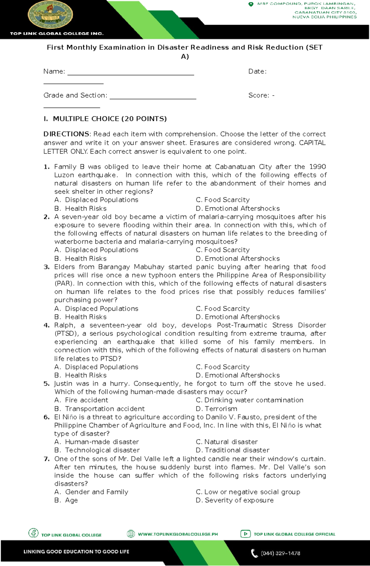 DRRR-1ST- Monthly-EXAM- set a - First Monthly Examination in Disaster ...