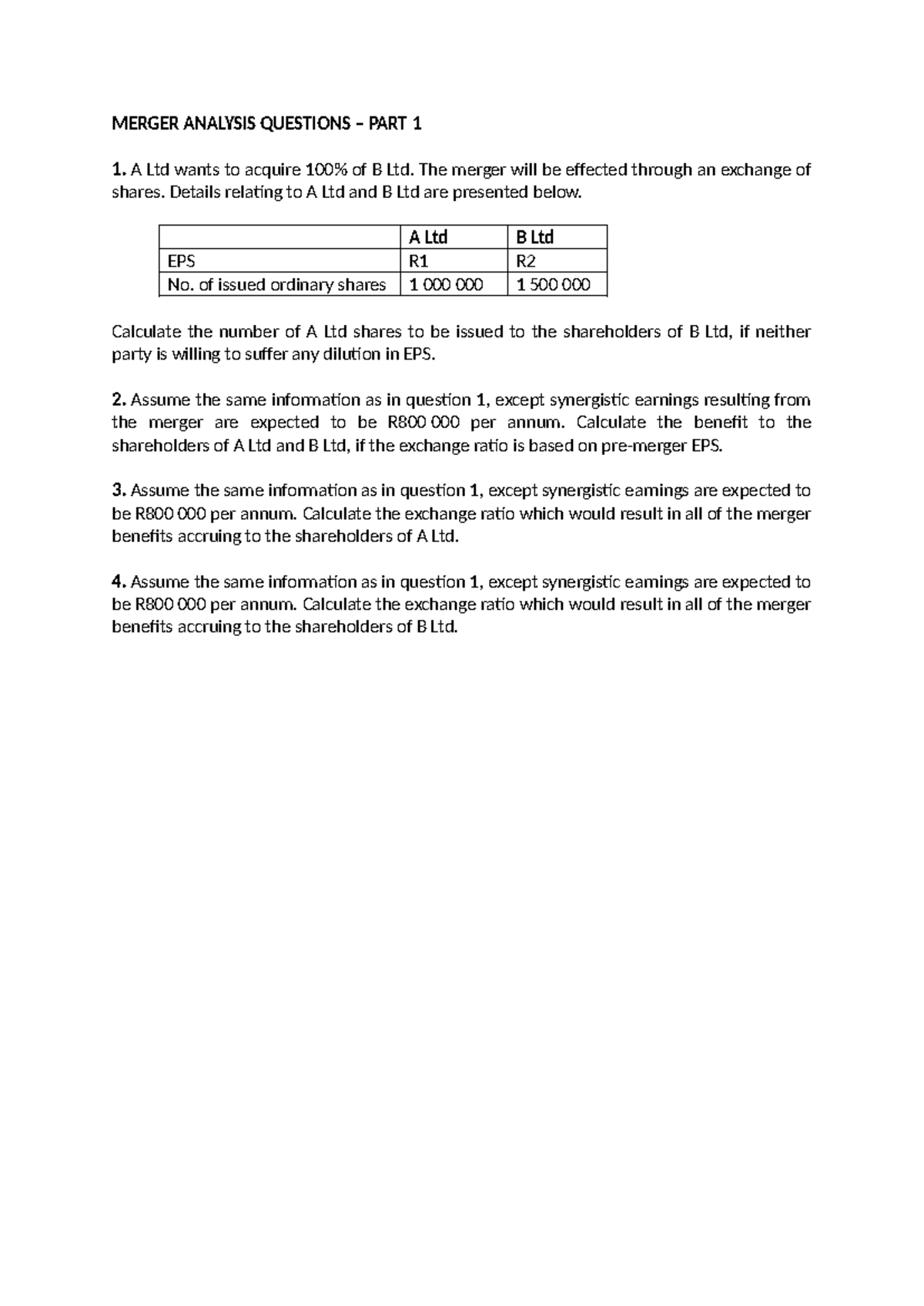 Merger analysis questions Part 1 - MERGER ANALYSIS QUESTIONS – PART 1 A ...
