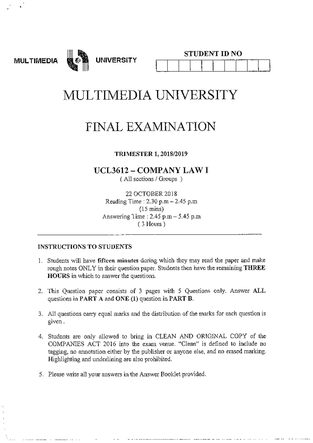 Past Year Examination Paper Company Law Studocu