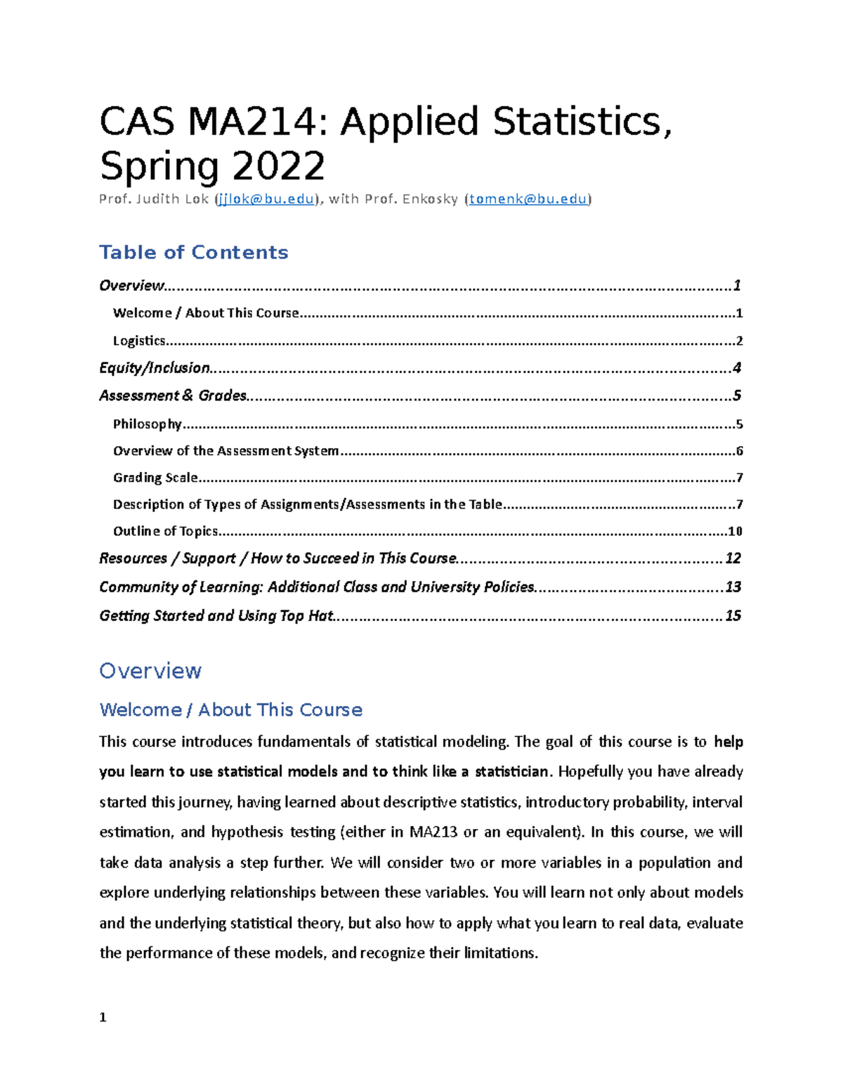 MA214 Syllabus Spring 2022 Judith Lok v1(1) - CAS MA214: Applied Statistics, Spring 2022 Prof ...
