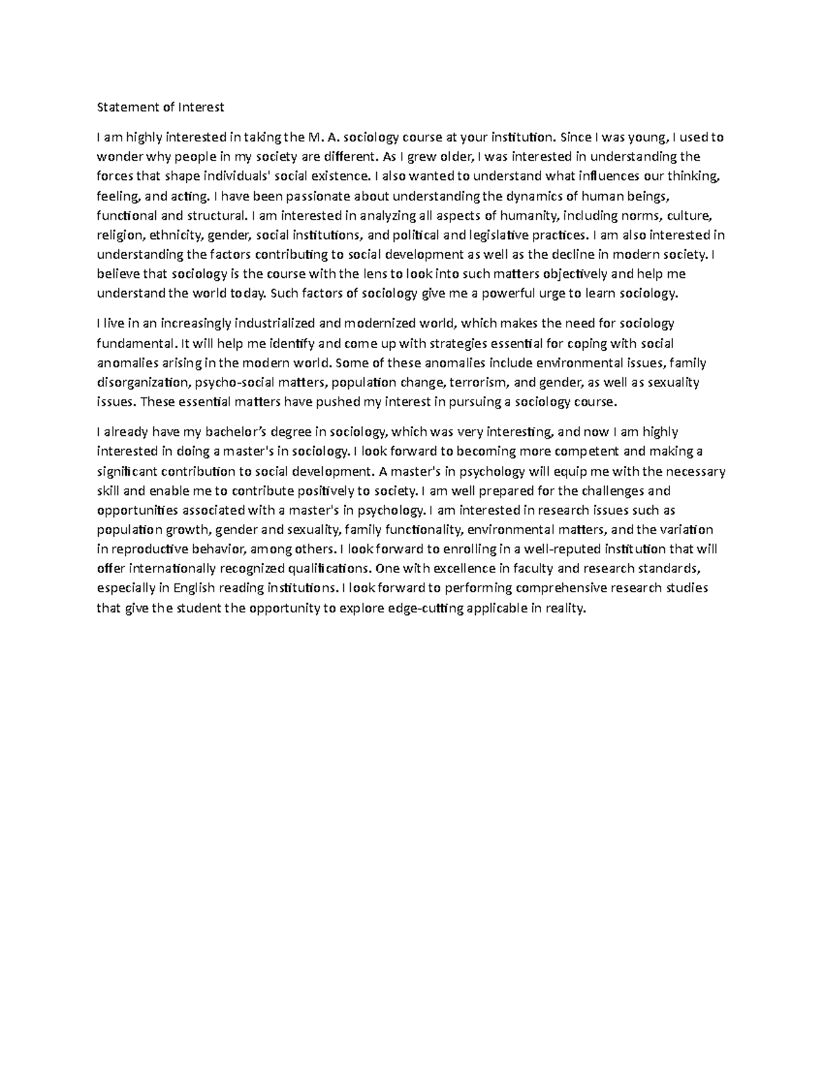 Statement of interest - sociology - Statement of Interest I am highly ...