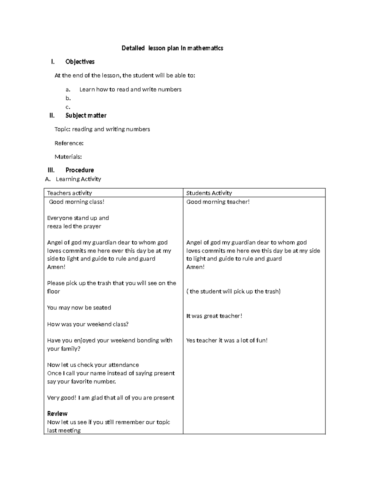 Detailed lesson plan in mathematics - Objectives At the end of the ...