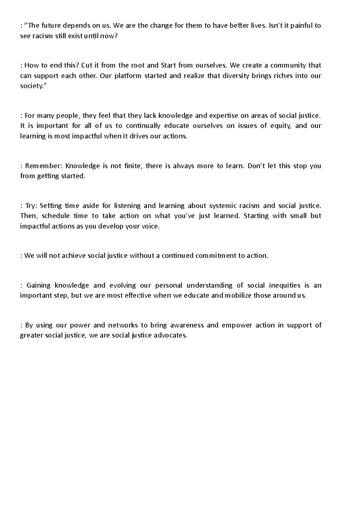 ADVOCACY in SOCIAL JUSTICE for YOUTH GENERATION - : “The future depends ...