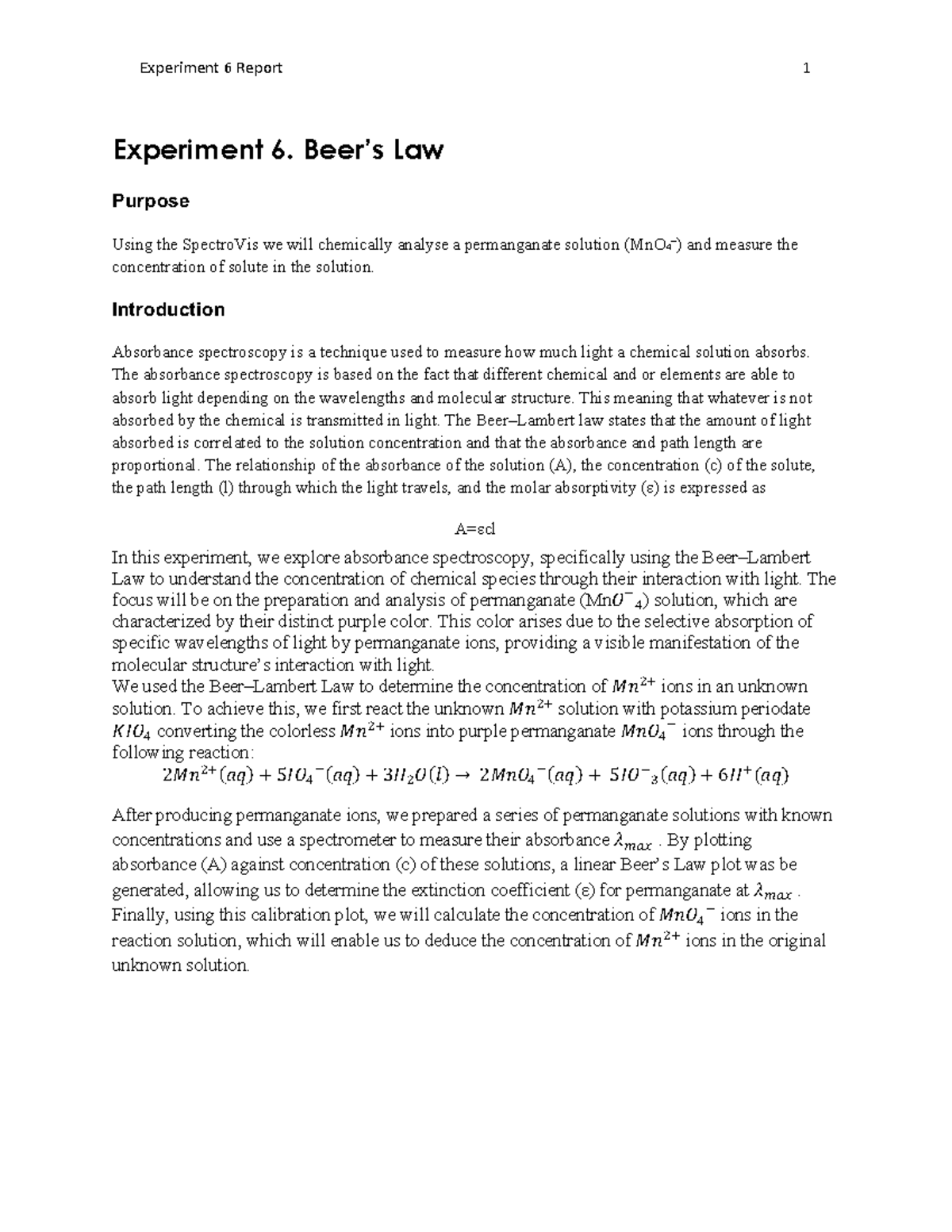 Report Template Beers Law - Experiment 6. Beer’s Law Purpose Using the ...
