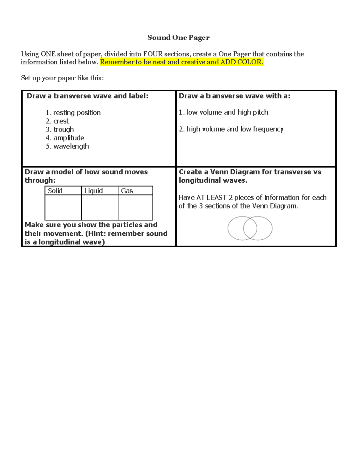 Sound One Pager - Sound One Pager Using ONE sheet of paper, divided ...