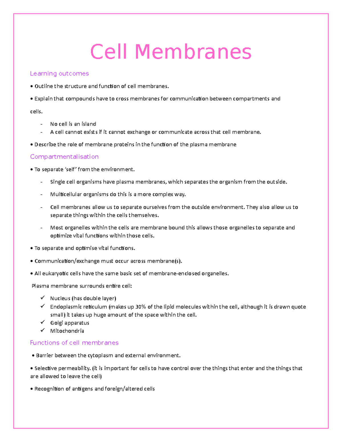 Cell Membranes - Medicine notes - Cell Membranes Learning outcomes ...