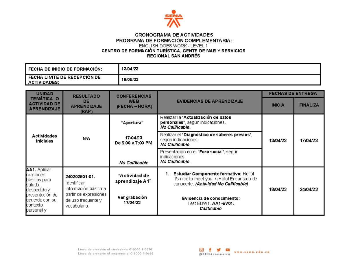 Cronograman DEn Actividadesn Niveln 1 23643727 a474f1e - CRONOGRAMA DE ACTIVIDADES PROGRAMA DE ...