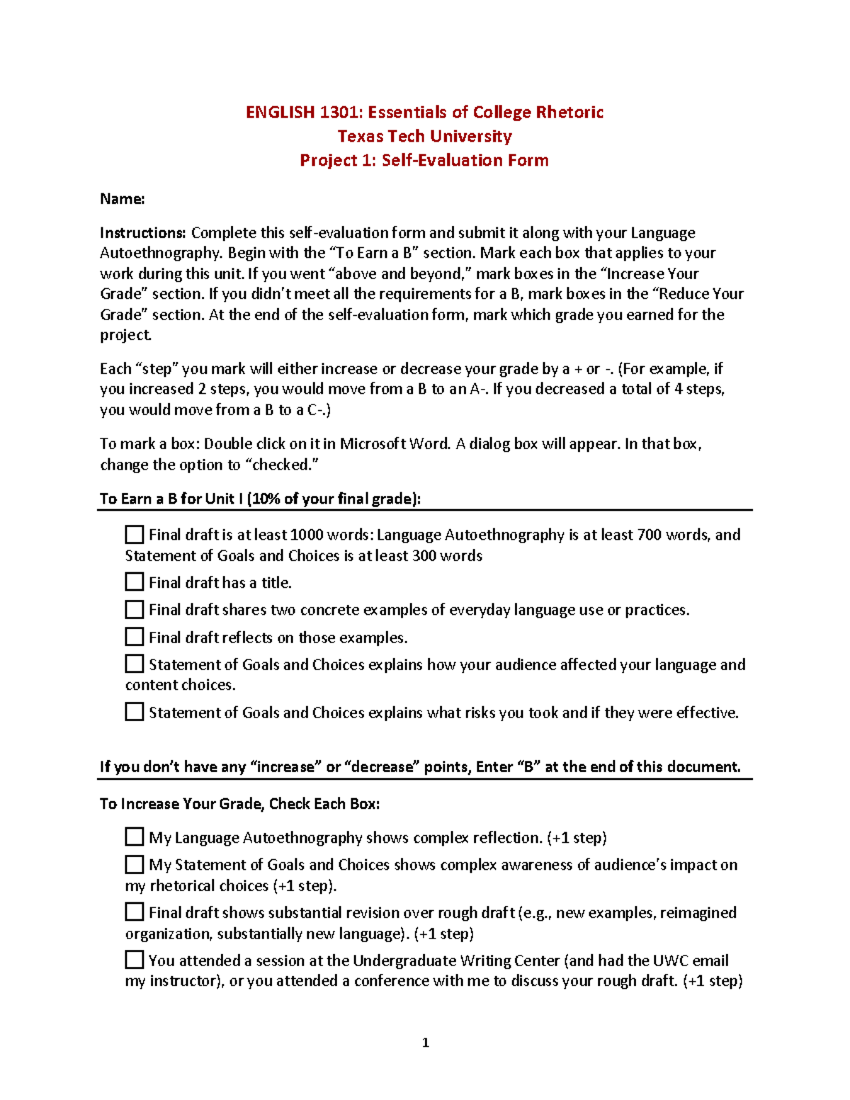 1301 Unit 1 - Project 1 Evaluation Form - 1 ENGLISH 1301: Essentials of ...