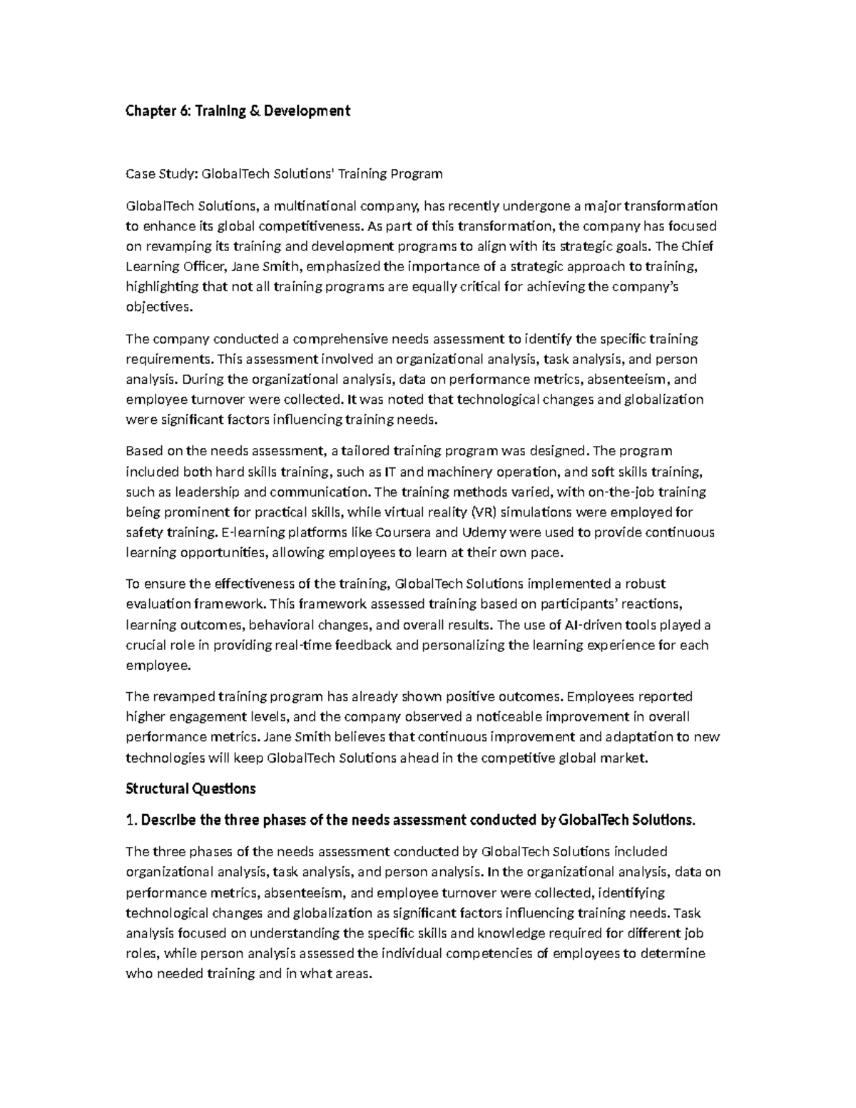 HRM Tutorial 6 - Chapter 6: Training & Development Case Study: GlobalTech Solutions' Training ...