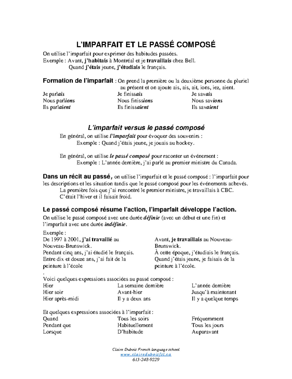 Imparfait - french - Claire Dubois French language school w w w. c l a ...