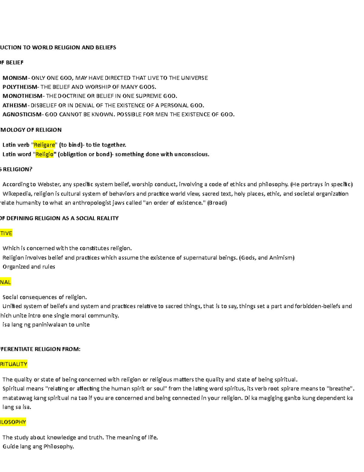 World Religion Notes HUMSS 1207 3 - RELIGION AND BELIEFS MONISM- ONLY ...