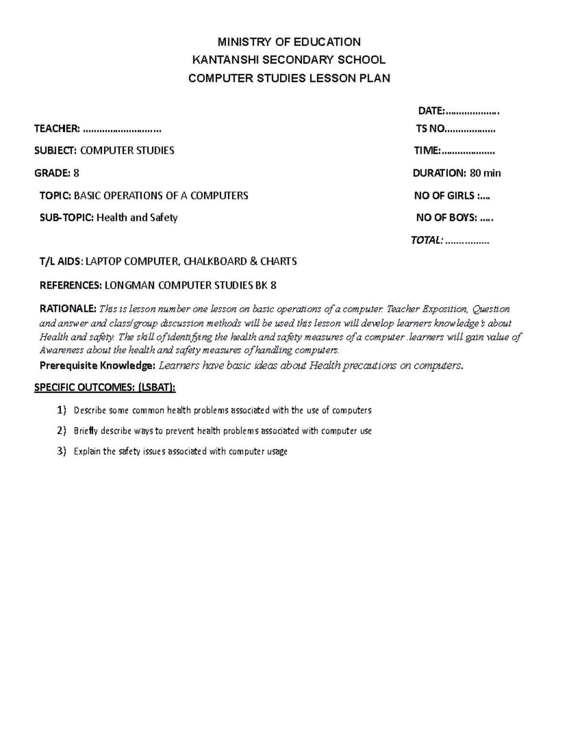 Computer Studies lesson plan - Kantashi secondary school - MINISTRY OF ...