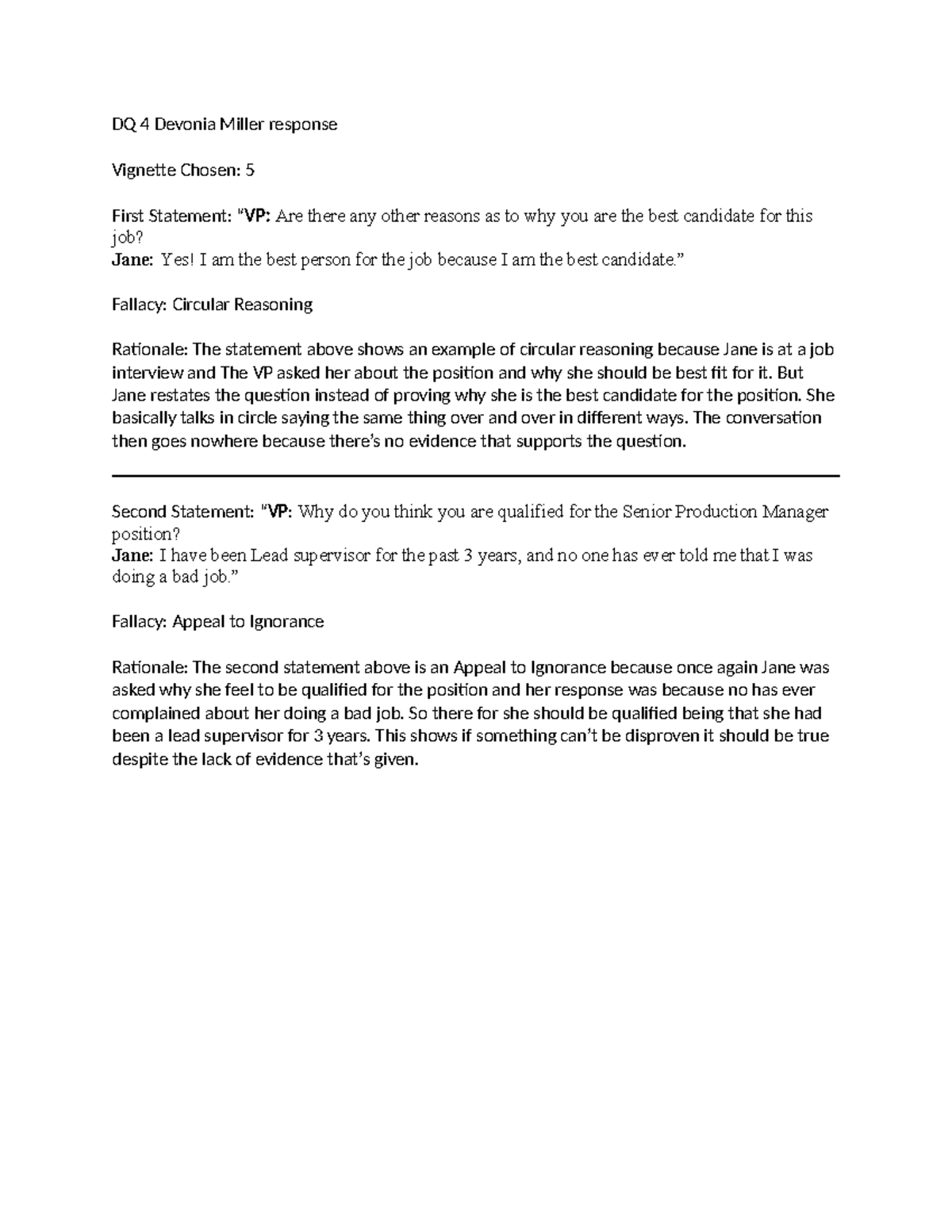 DQ 4 Devonia Miller response - DQ 4 Devonia Miller response Vignette Chosen: 5 First Statement ...