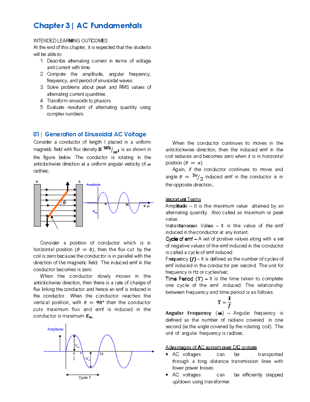 Module 3 AC Fundamentals - N S Amplitude θ π 2 π θ xt Em Chapter 3| AC ...