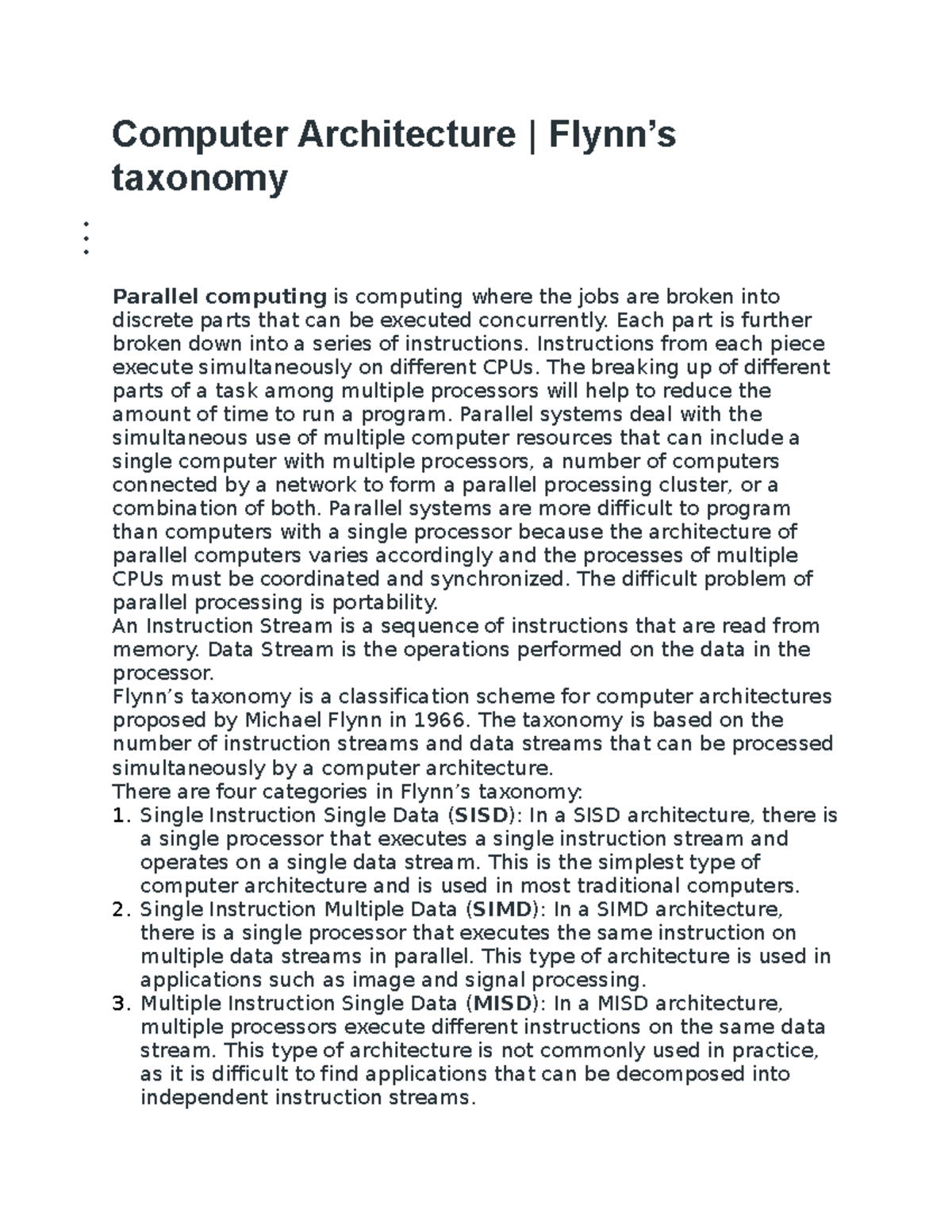 CSA UNIT 4 - Computer Architecture | Flynn’s taxonomy Parallel computing is computing where ...
