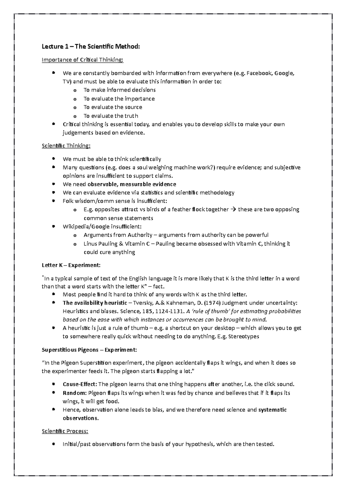PSYC1111 - HD Notes - Lecture 1 – The Scientific Method: Importance of ...