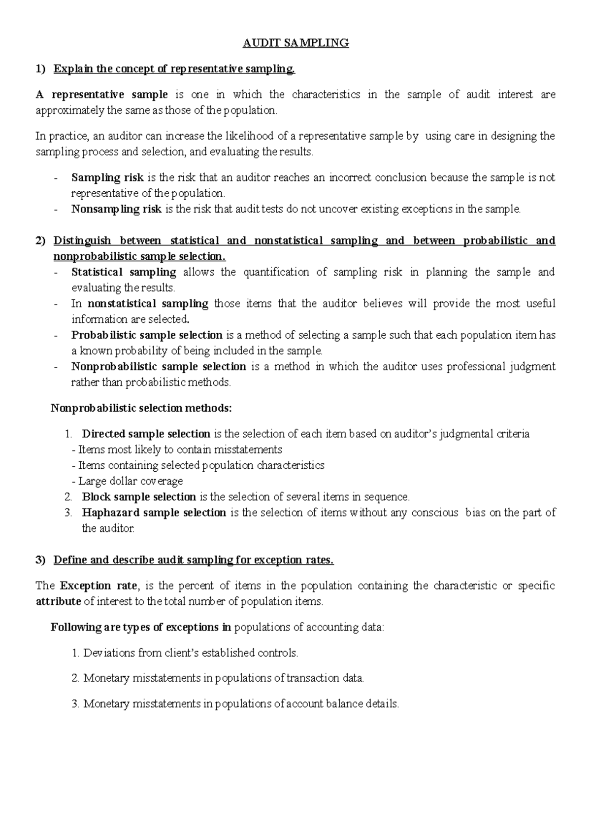 Questions 4 Auditing two, Questions 4 Auditing two - AUDIT SAMPLING 1 ...