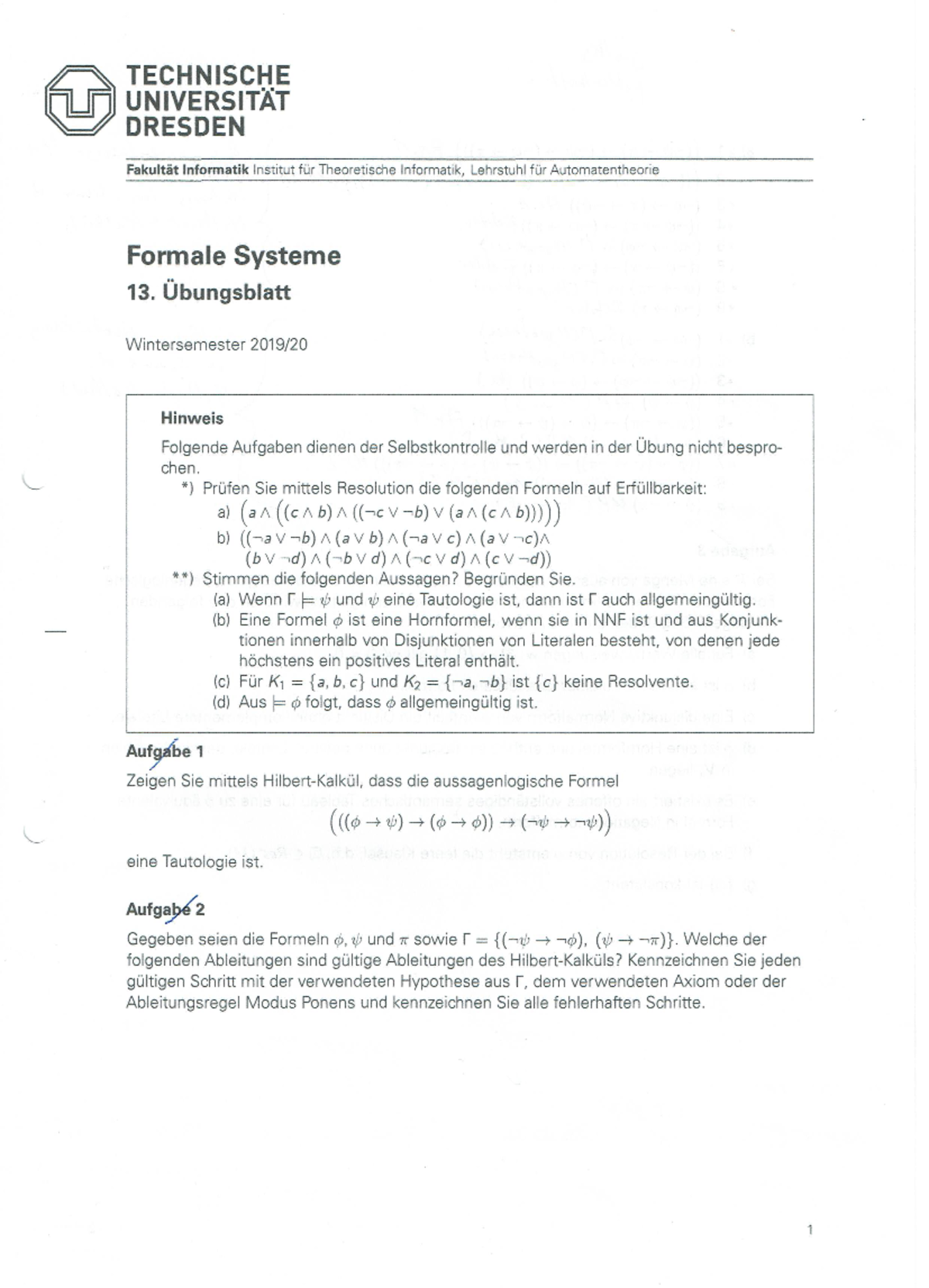 Übung 13 - Formale Systeme - Studocu
