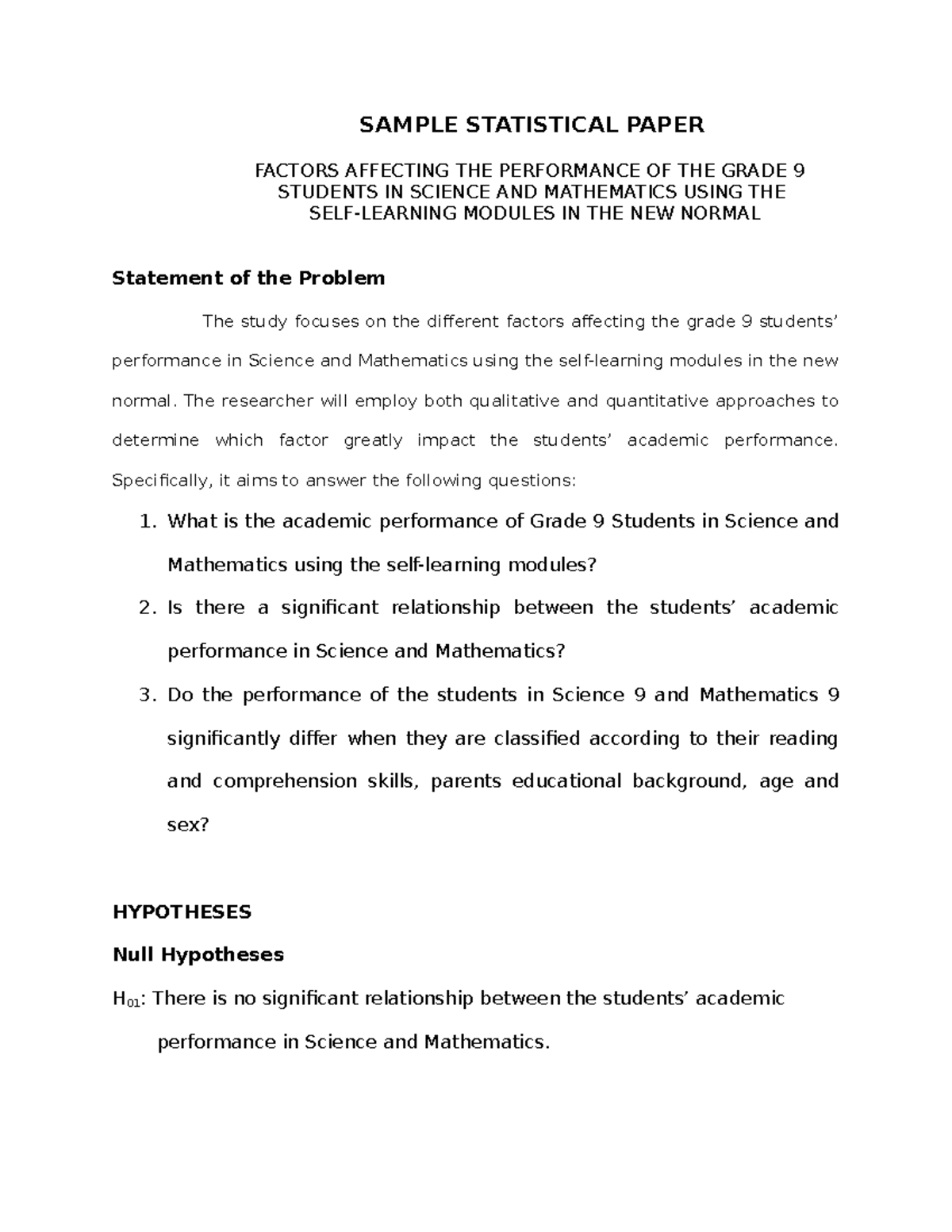 STATEMENT OF THE PROBLEM OF STATISTICAL PAPER - SAMPLE STATISTICAL ...