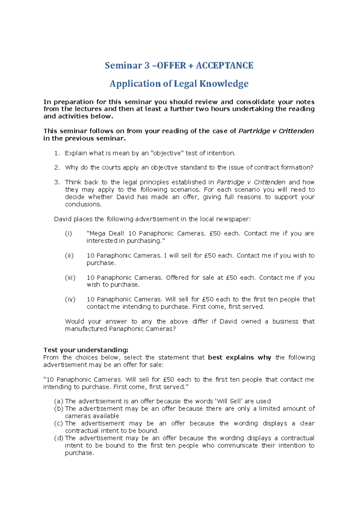 Seminar 3 Application of Legal Knowledge - Seminar 3 –OFFER ...