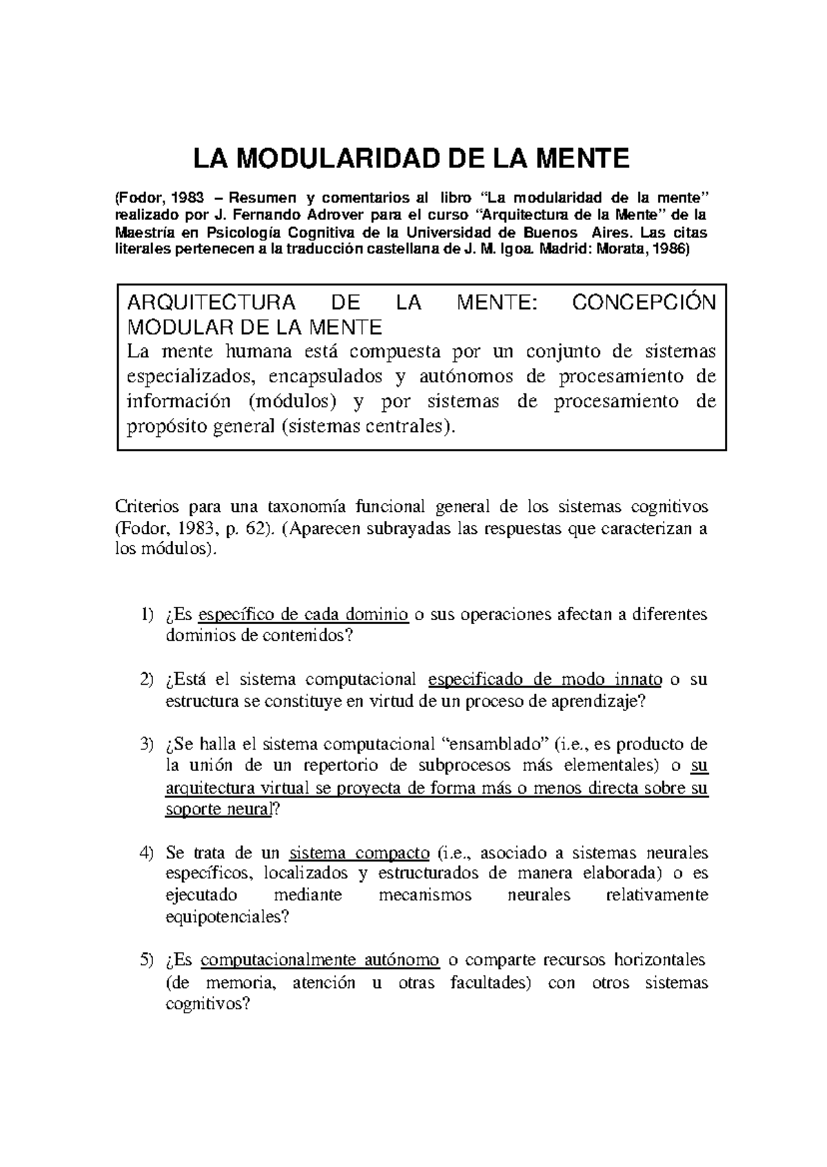 Resumen Modularidad Adrover - LA MODULARIDAD DE LA MENTE (Fodor, 1983 ...
