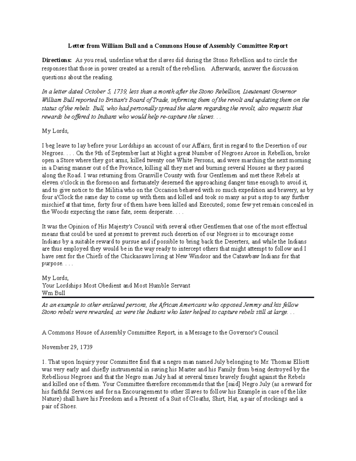 Letter from William Bull and a Commons House of Assembly Committee ...