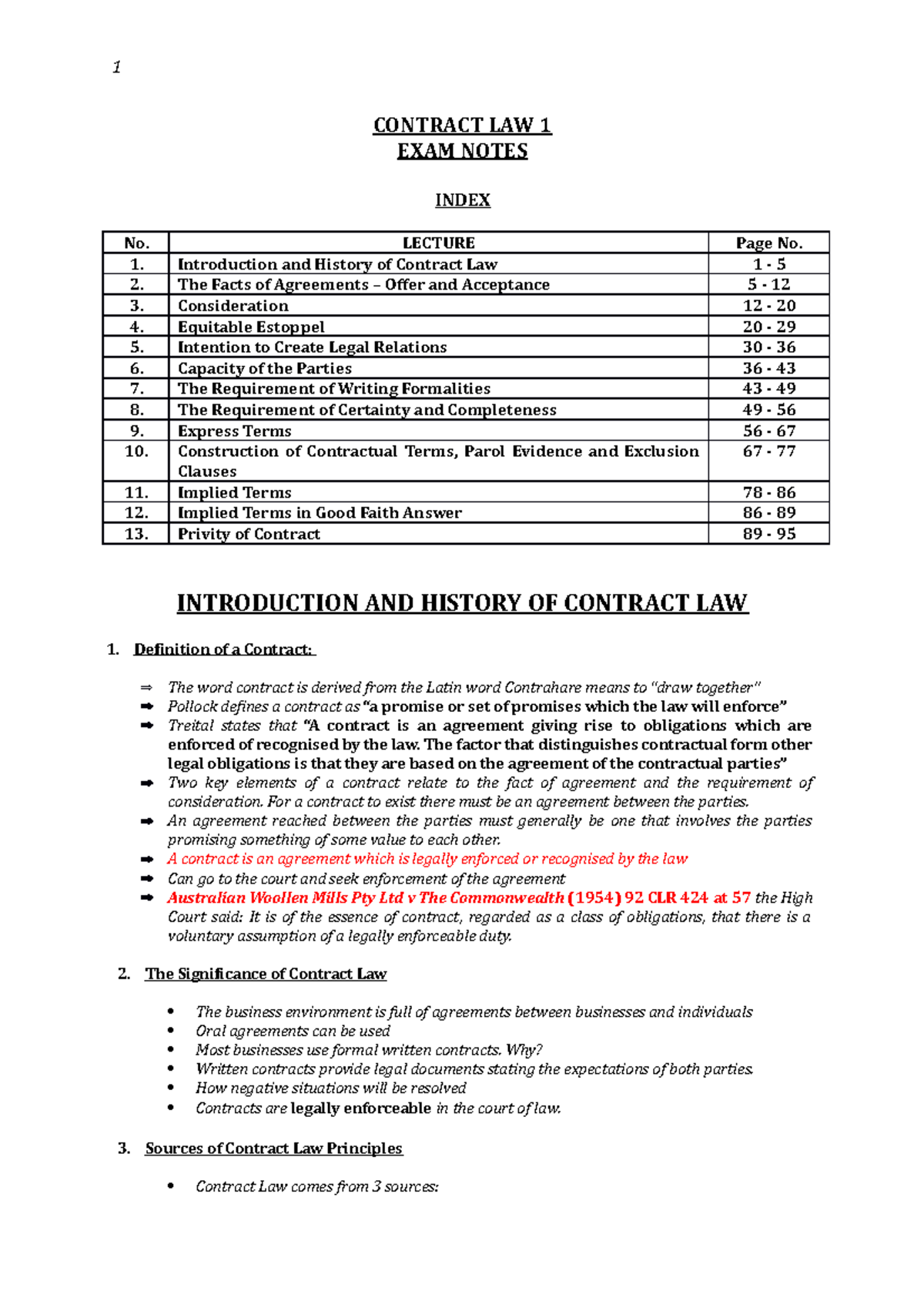 Contract Law 1 - Exam Notes - CONTRACT LAW 1 EXAM NOTES INDEX No ...