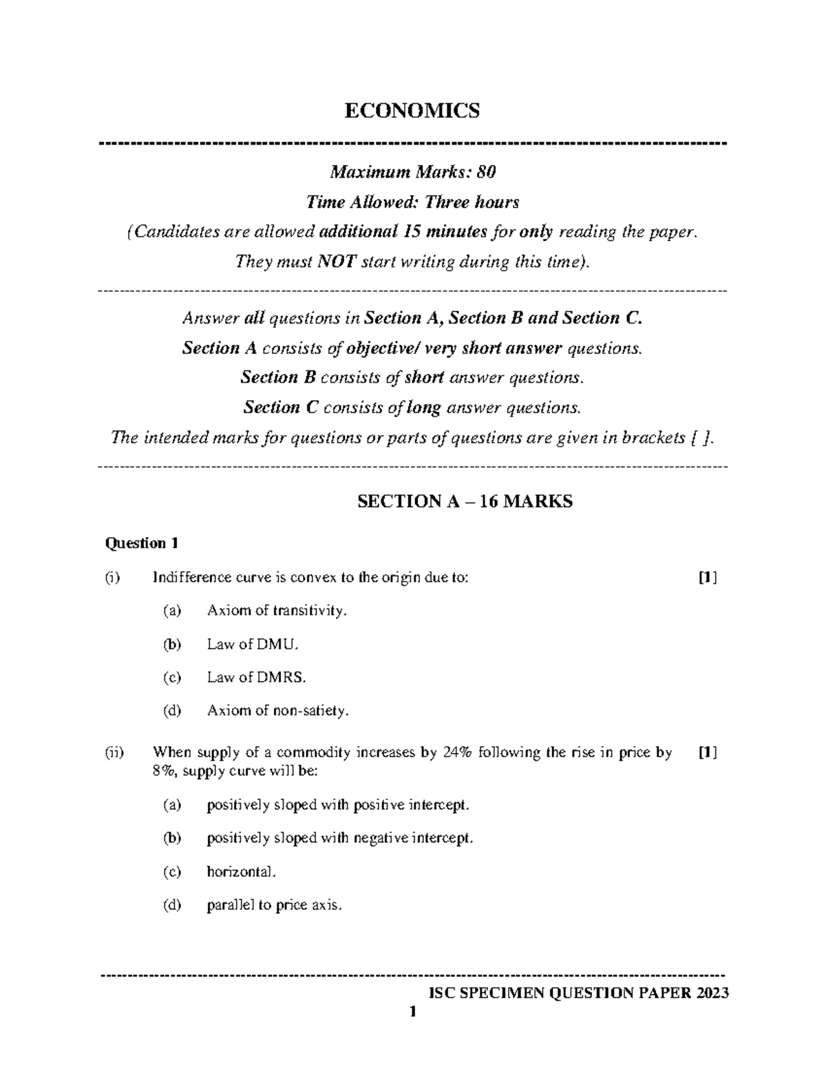 ISC Class 12 Economics Question Paper 2023 - ISC SPECIMEN QUESTION ...