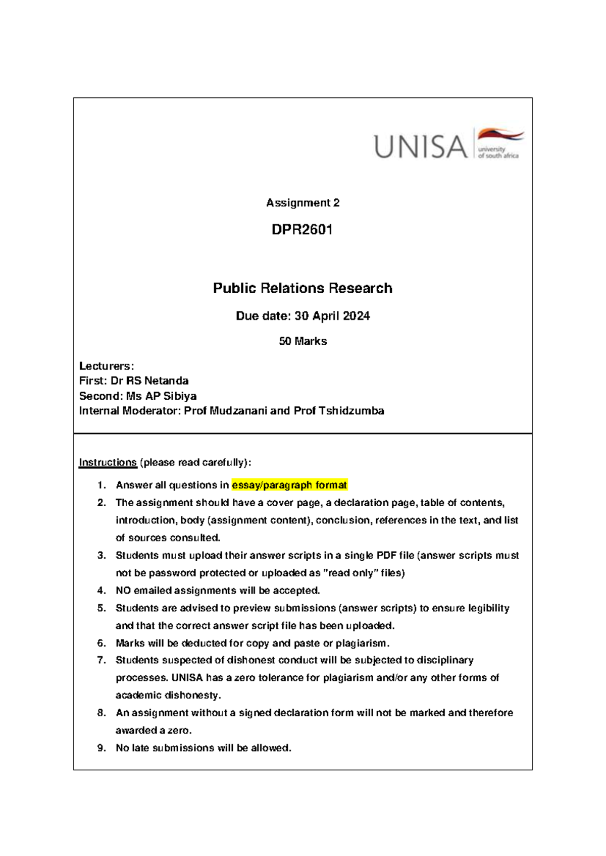 DPR2601 2024 S1 Assignment 2 Questions - Assignment 2 DPR260 1 Public ...