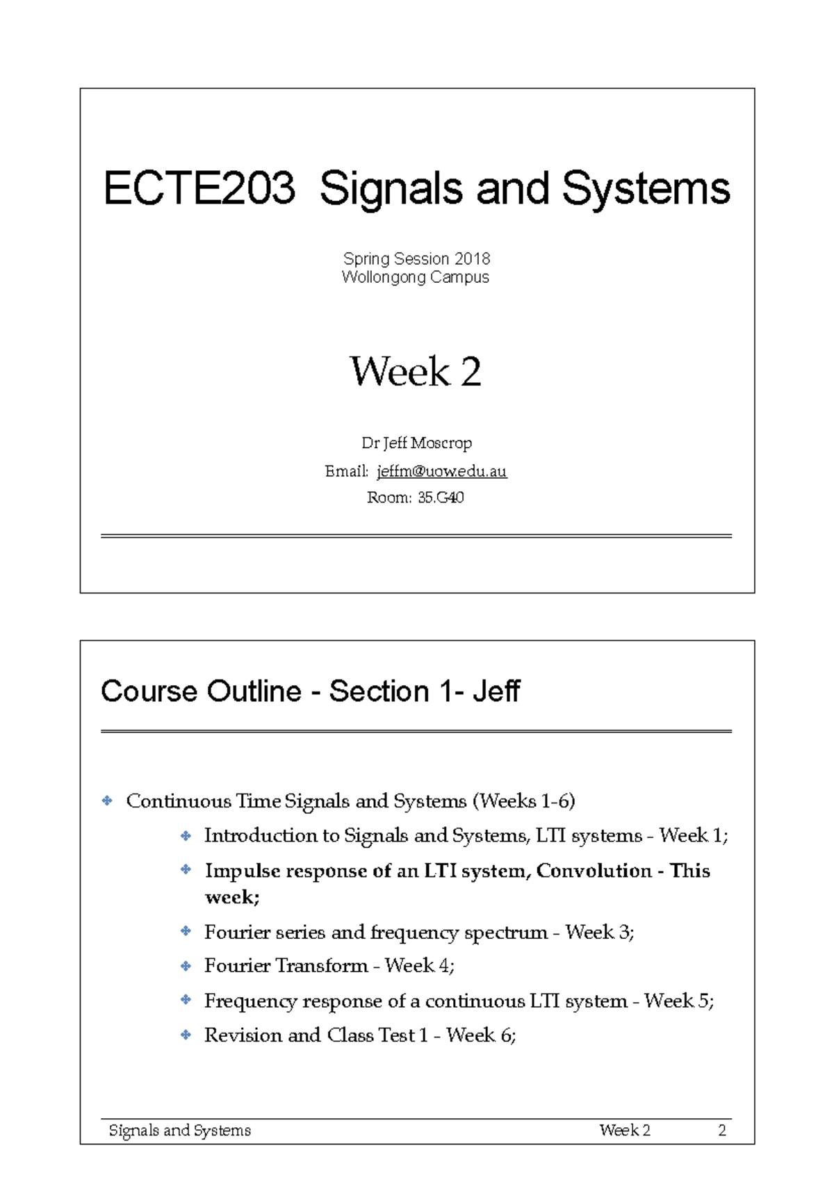 203 18 wk2 - Lecture week 2 - ECTE203 Signals and Systems Spring Session 2018 Wollongong Campus ...