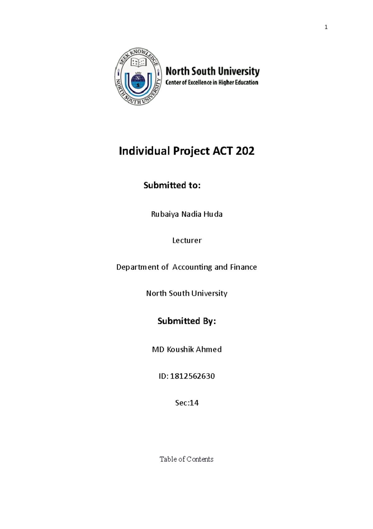 ACT 202 Final Assignment - Individual Project ACT 202 Submitted to ...