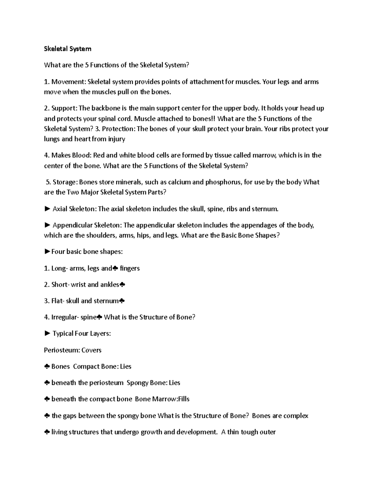 Skeletal System Lecture Notes 1 Skeletal System What Are The 5