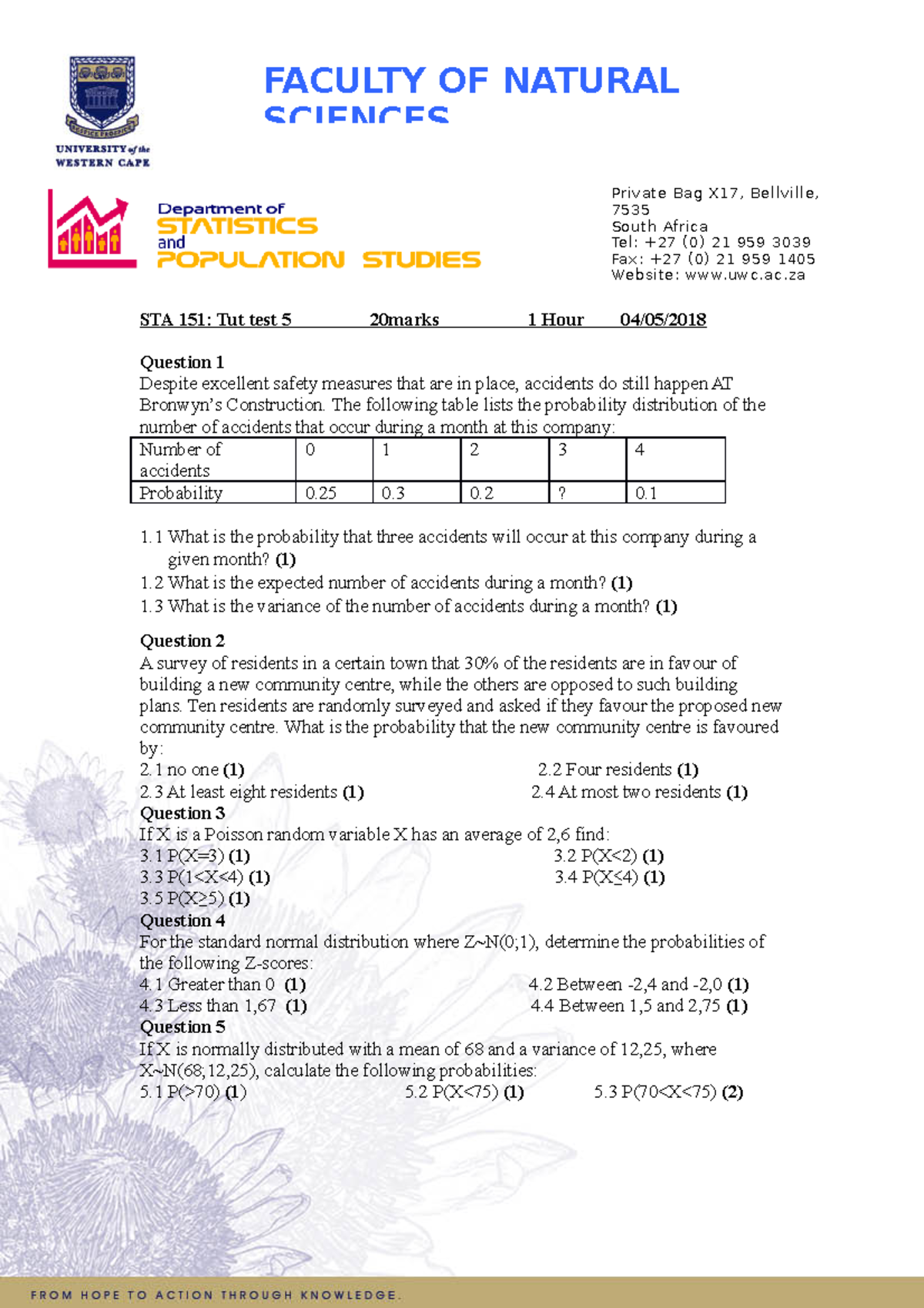 Tut test 5 2 - Use as tutorial - Private Bag X17, Bellville, 7535 South ...