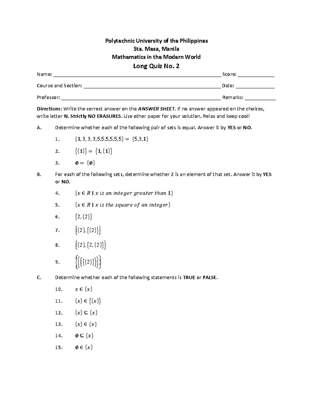 QUIZ 2 Answer Sheet - Quiz number 2 about sets, subsets, and set ...