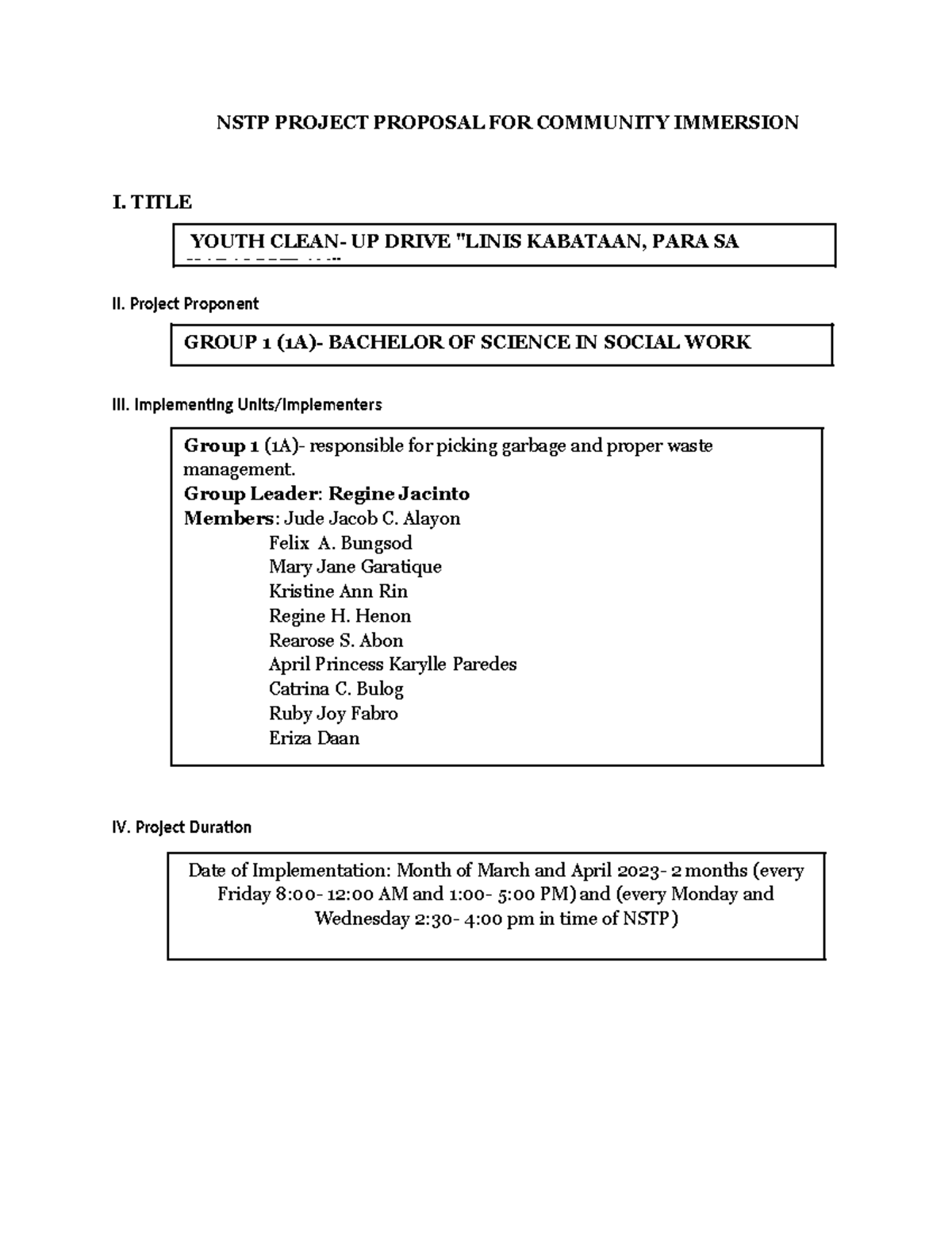 NSTP( Project Proposal) - NSTP PROJECT PROPOSAL FOR COMMUNITY IMMERSION ...