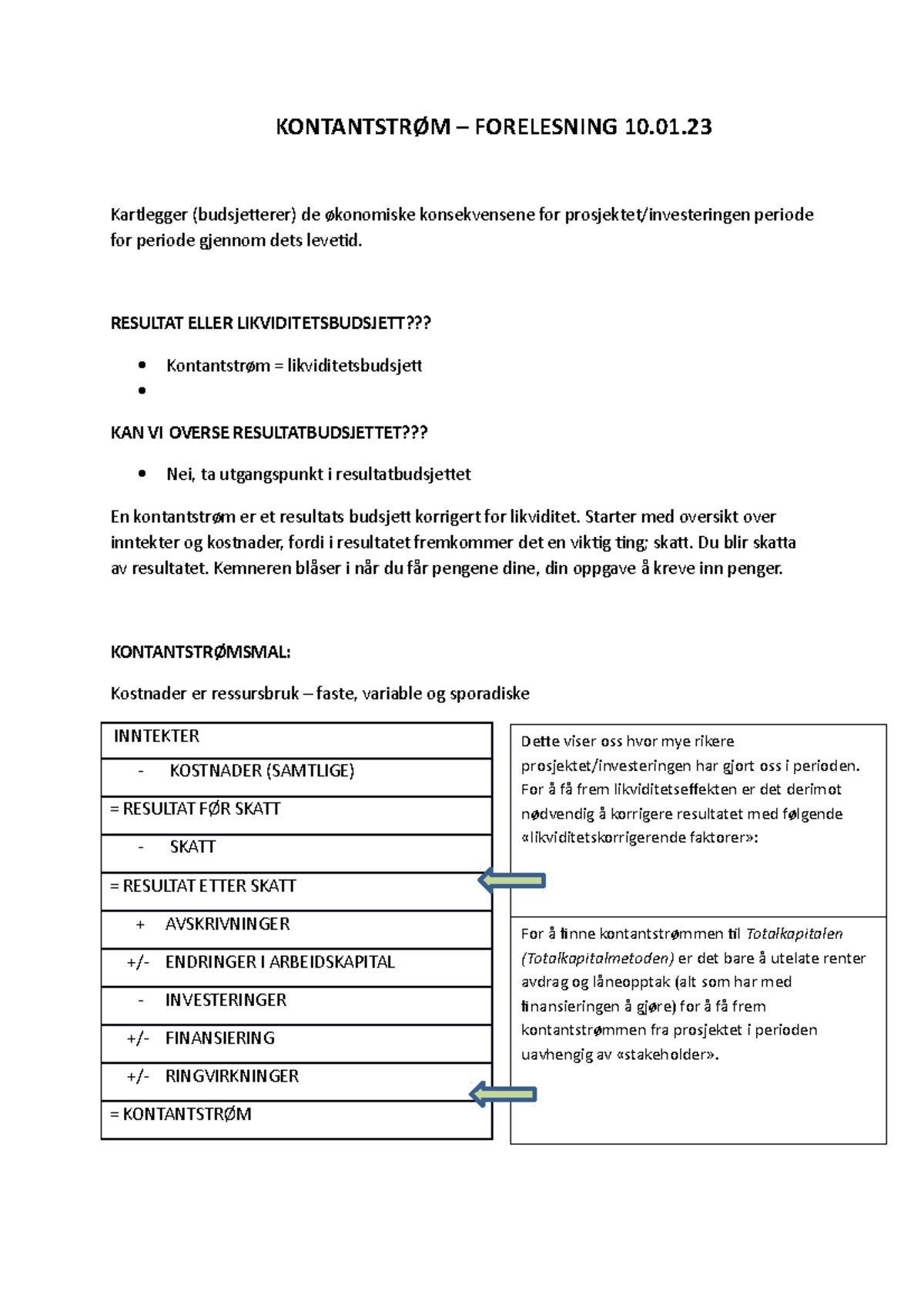 Kontantstrøm - KONTANTSTRØM – FORELESNING 10. Kartlegger (budsjetterer) de økonomiske ...